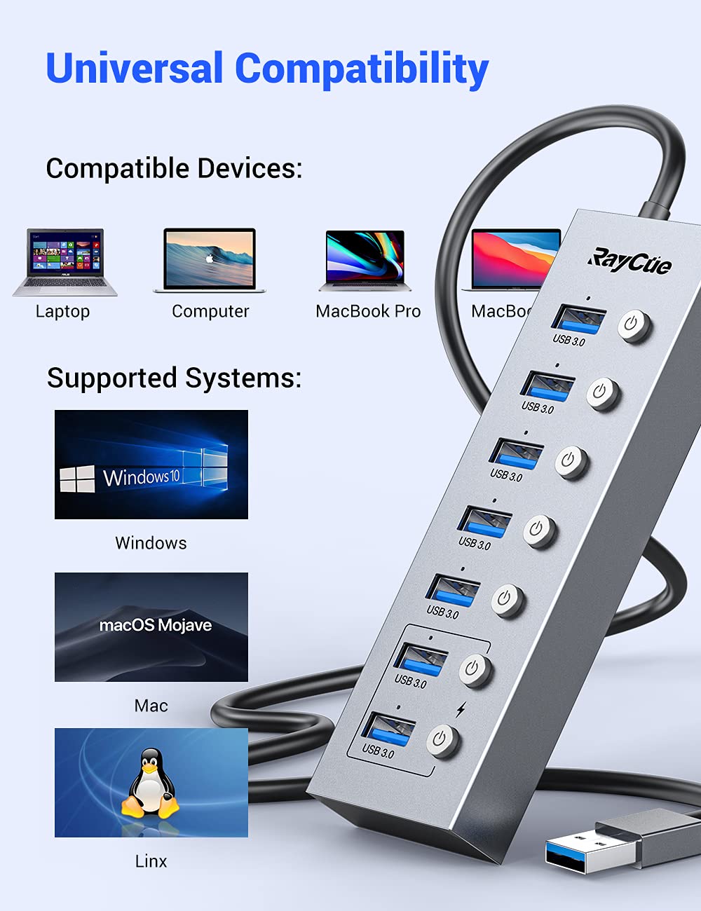 Powered USB 3.0 Hub, Aluminum 7-Port USB Data Hub Splitter with 5V/3A AC Adapter and Individual On/Off Switches, USB Hub Powered Charging for MacBook Pro/Air, PC, Laptops, Surface Pro,HP, etc
