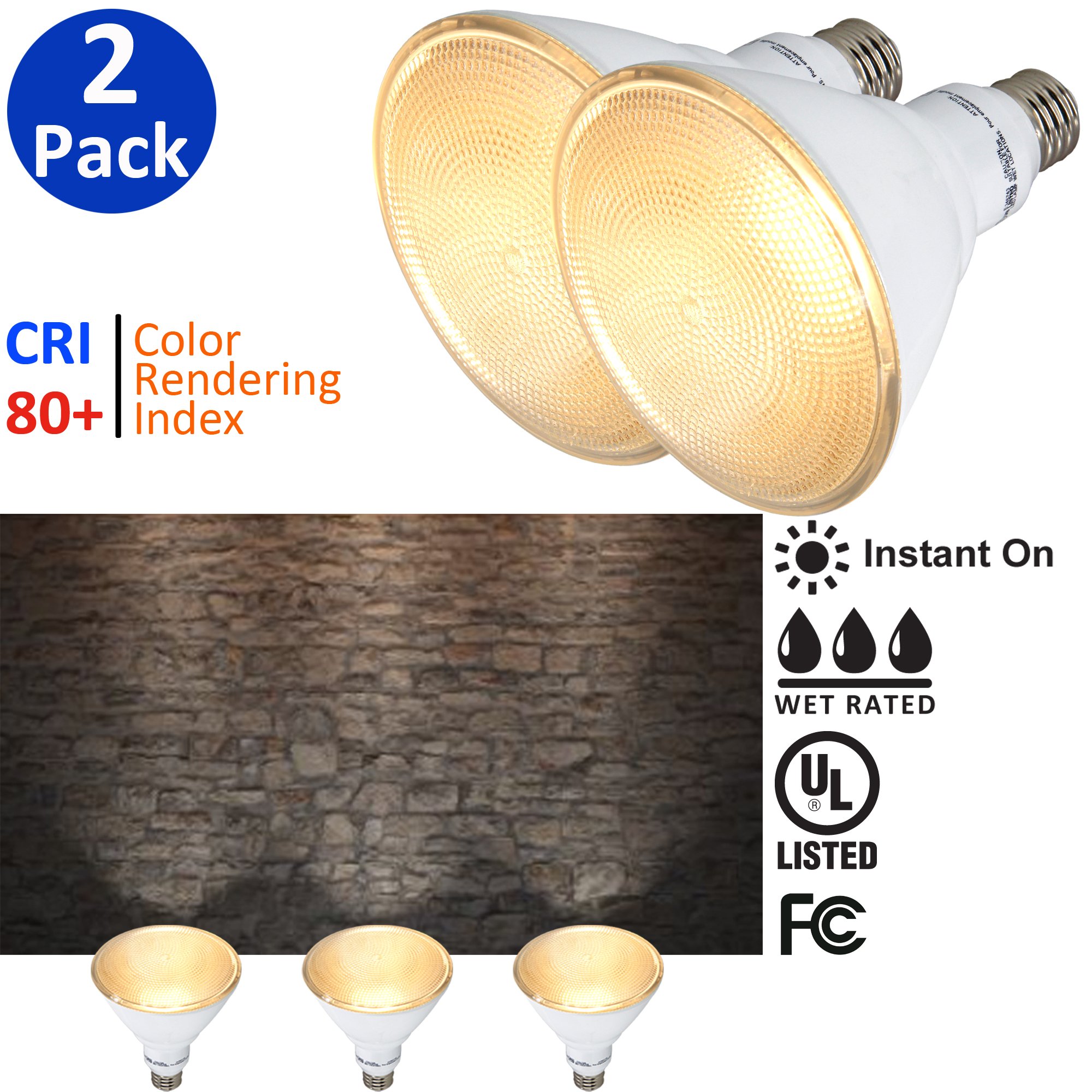 AmeriLuck 5000K Daylight Outdoor PAR38 LED Flood Light Bulb, 90W Equiv. 13W Non-Dimmable (2 Pack) (PAR38 2 Pack, 5000K)