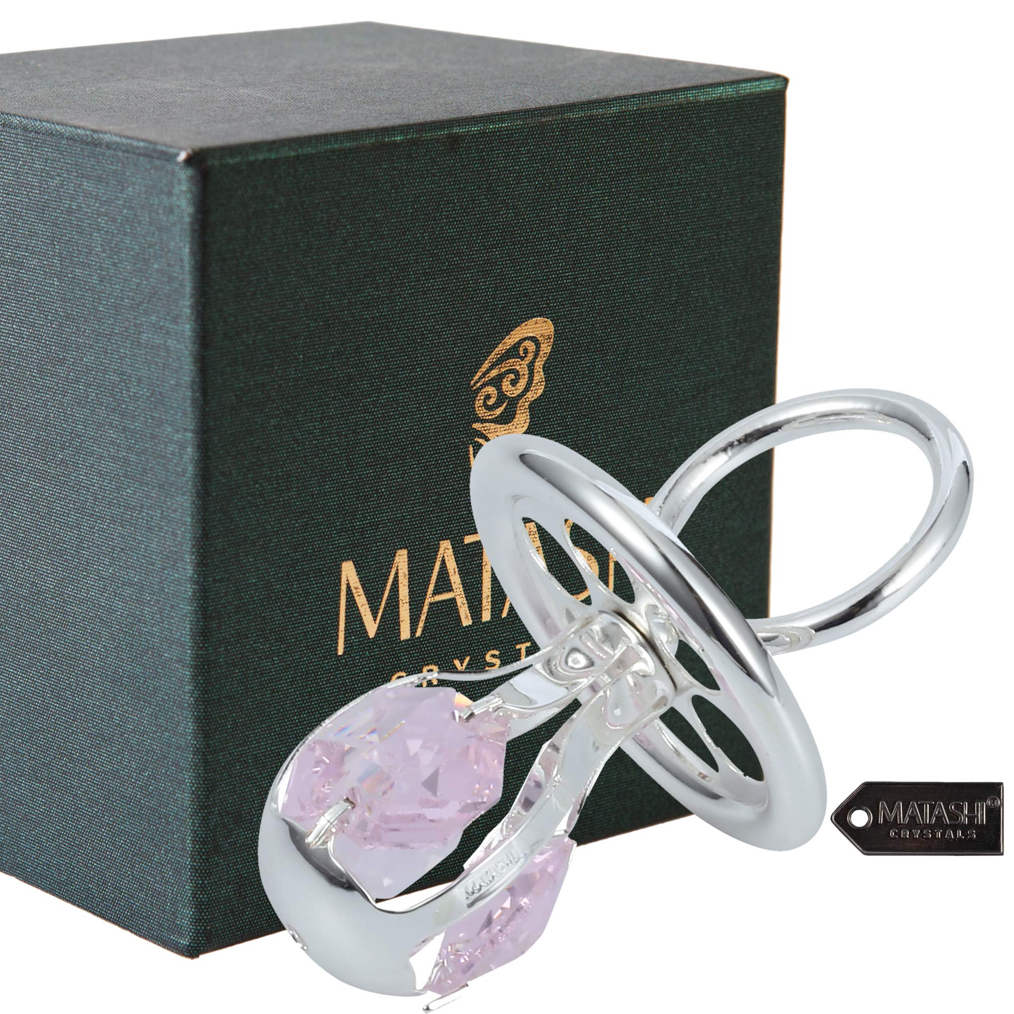 Matahi Silver Plated Crystal Studded Pacifier Ornament with Light Pink Crystals Baby's First Christmas Holiday Ornament and Hanging Pendant - Great Gift for Baby Shower, New Born Baby Gift