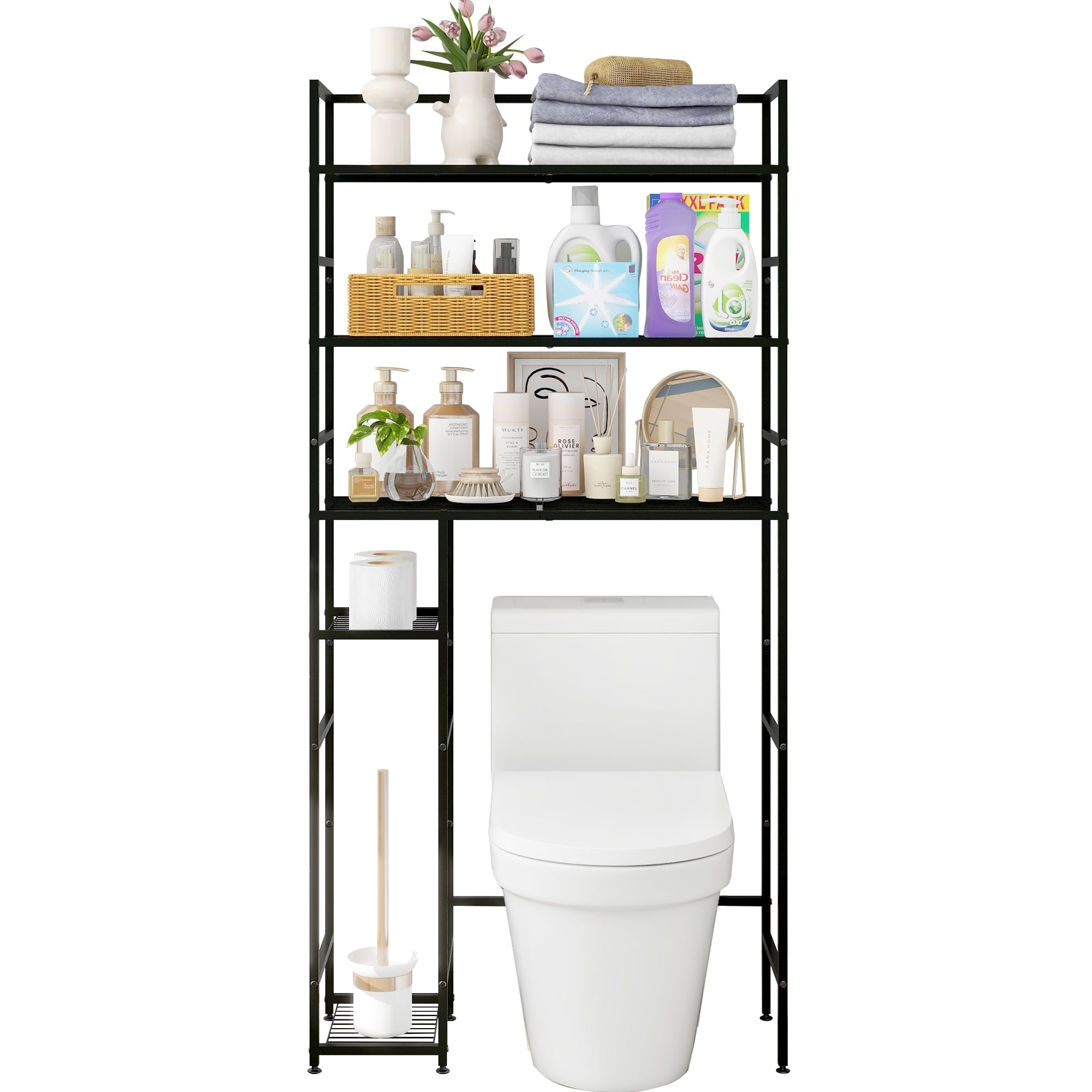 MallBoo Over The Toilet Storage, 5 Tier Bathroom Organizer Shelf, 31.5''W Toilet Rack with Adjustable Feet, Bathroom Rack for Restroom, Laundry, Balcony(Black)