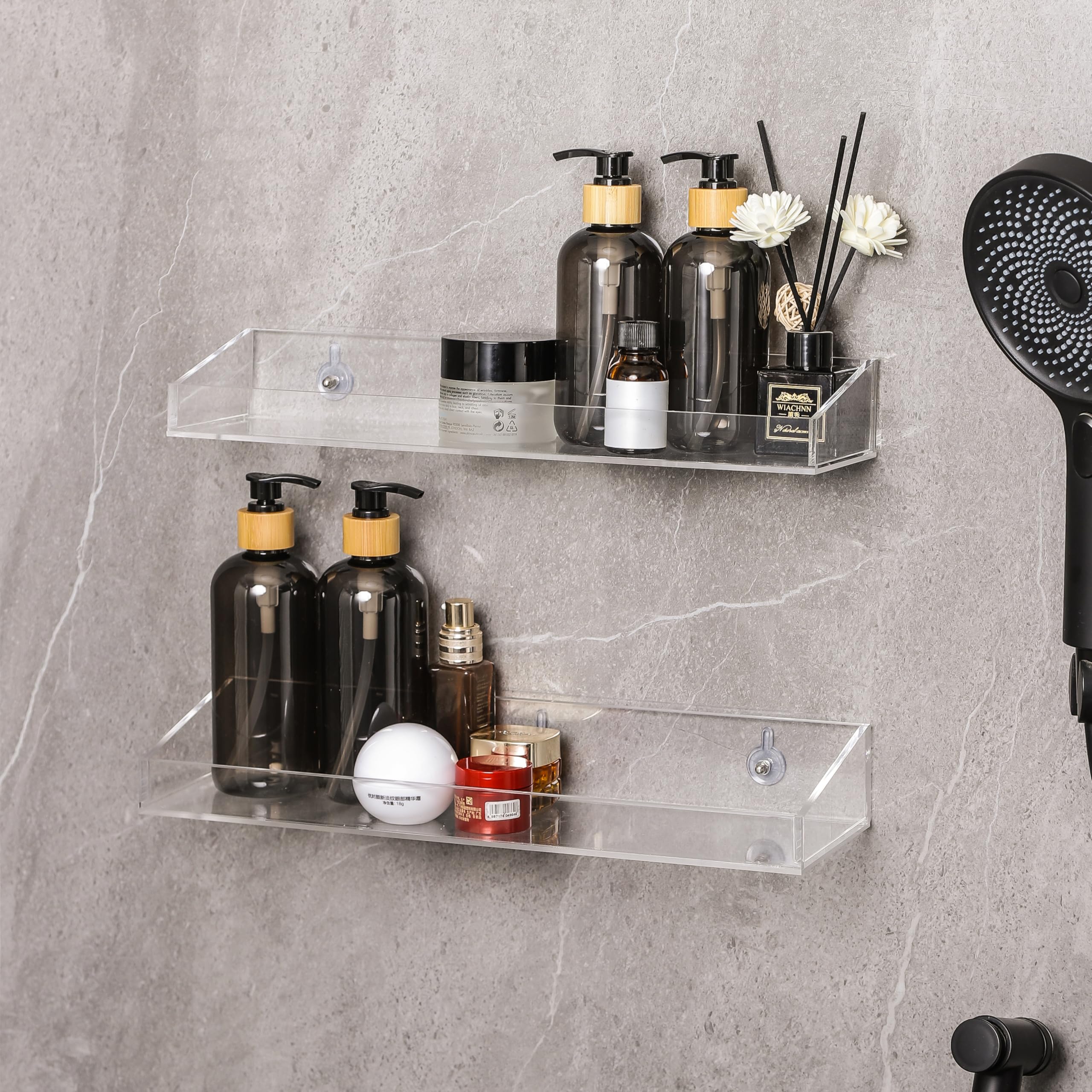 BLBYHO 2 Pack Acrylic Bathroom Shower Shelves Shower Caddy, 15" Clear Shower Organizer Floating Shelves Stick on for Bathroom Wall Mounted, Provide Adhesive Strips & Mounting Screws
