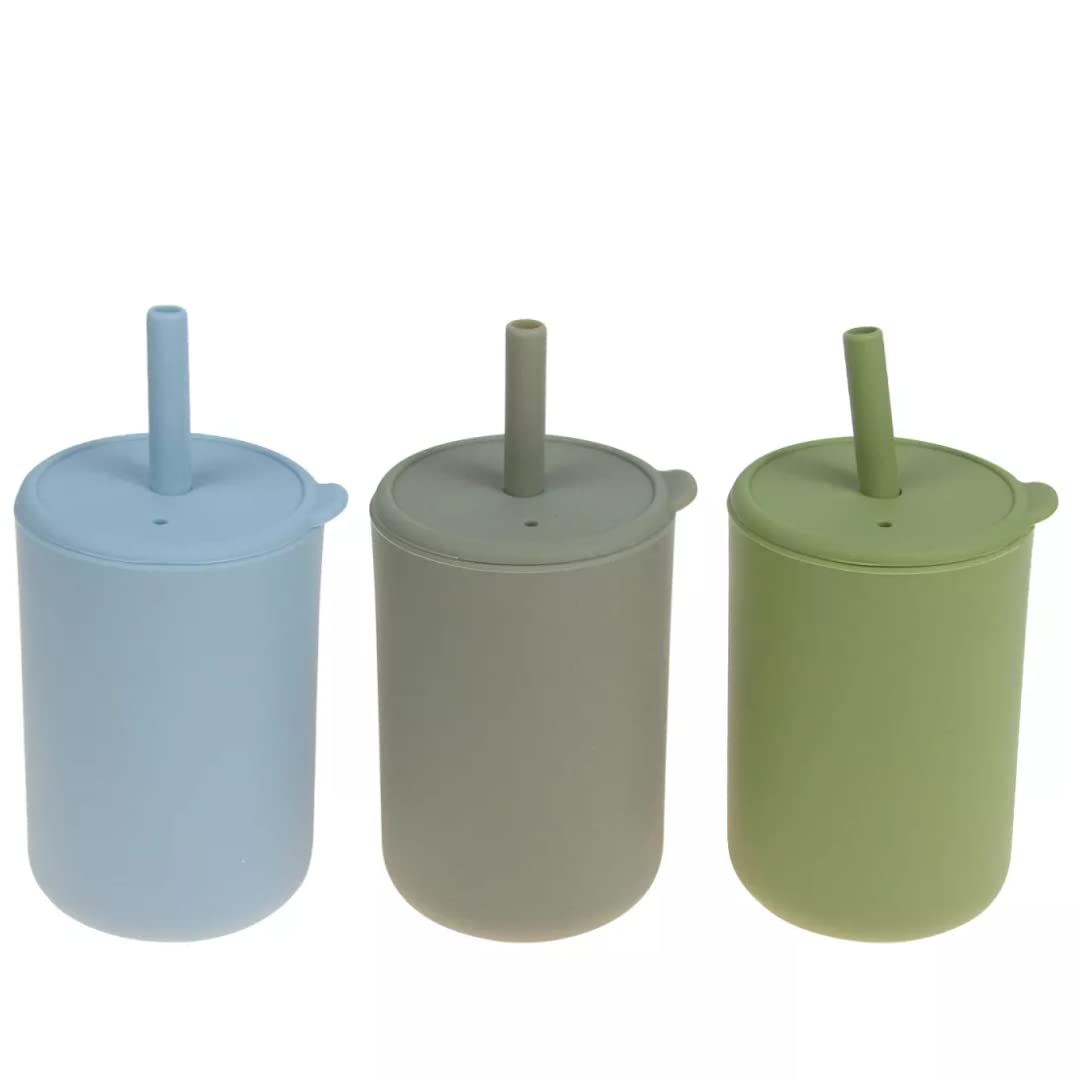 Baby Silicone Drinking Cup with Lid & Straw, Set of 3 Sippy Cup Transition Toddler Baby Infant 6+ Months Baby Training Cup Reliable Unbreakable BPA Free…(Sage, Blue, Green)