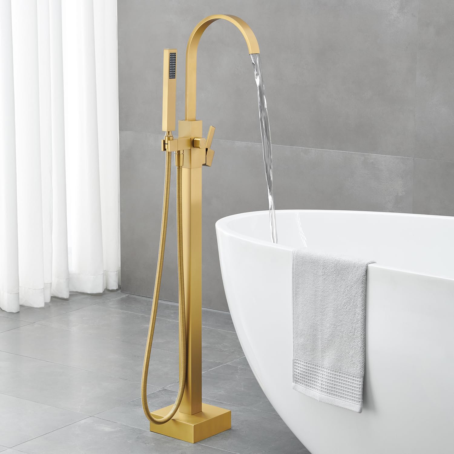 Artiqua Freestanding Bathtub Faucet Floor Mount Tub Filler Brushed Gold Brass Bathroom Faucets Single Handle with Hand Shower