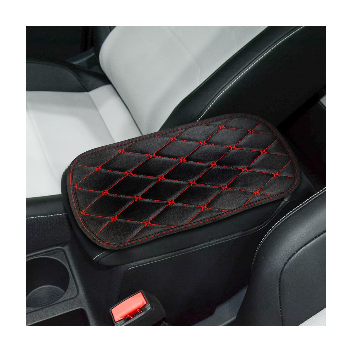 Auto Center Console Pad, PU Leather Car Center Console Box Cushion, Non Slip Soft Armrest Seat Box Cover, Waterproof Vehicle Armrest Protector for SUV, Truck, Car (Rhombic Lattice Black/Red)