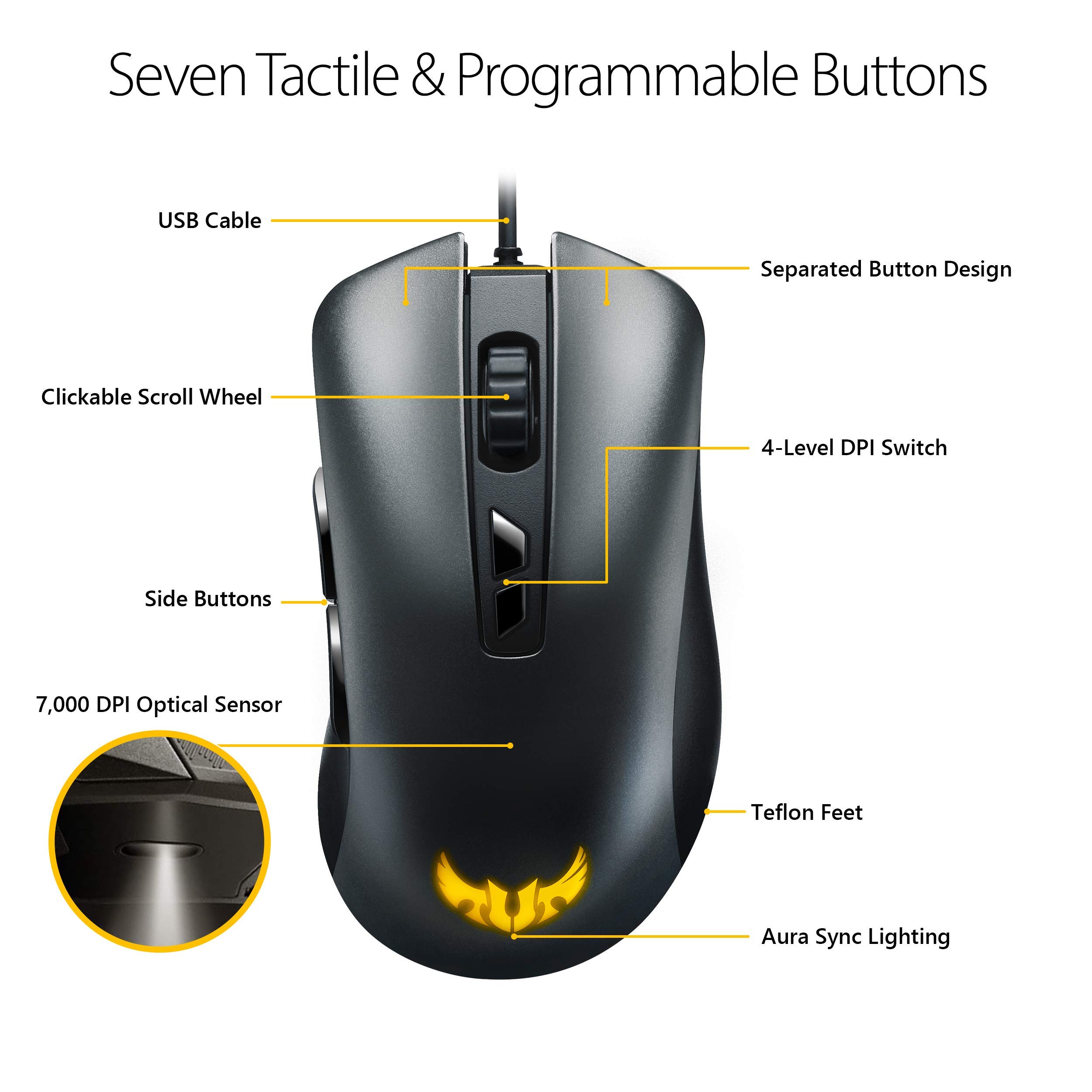 ASUS Optical RGB Gaming Mouse - TUF M3 | Ergonomic, Lightweight Right-Handed Wired Gaming Mouse for PC | 7000 DPI Gaming-Grade Optical Sensor | Omron Switches | 7 Buttons | Aura Sync RGB Lighting
