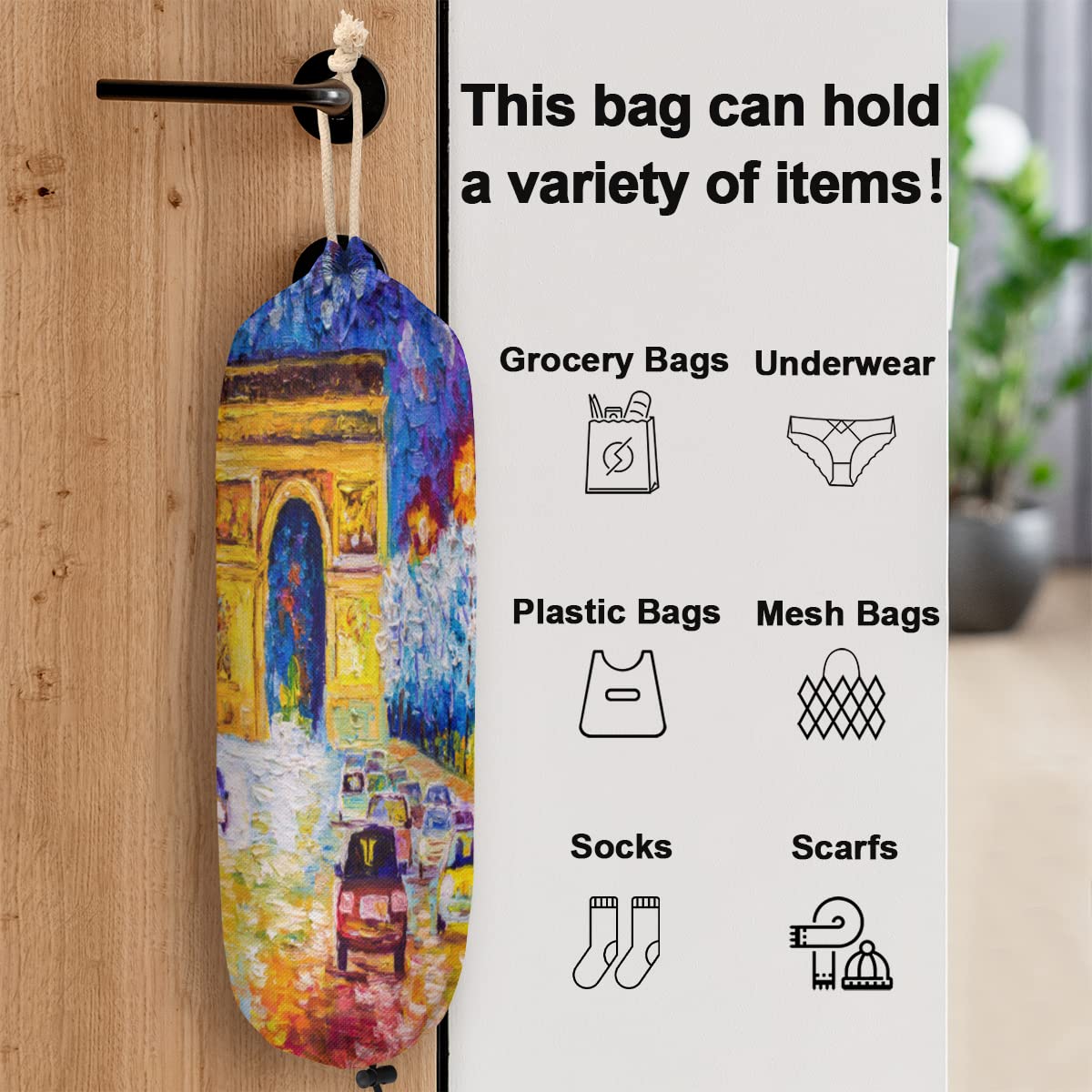 Arc De Triomphe Paris Plastic Bag Holder Wall Mount Grocery Bag Holder Reusable Trash Bag Organizer Washable Large Grocery Bag Storage Dispenser for Kitchen Pantry