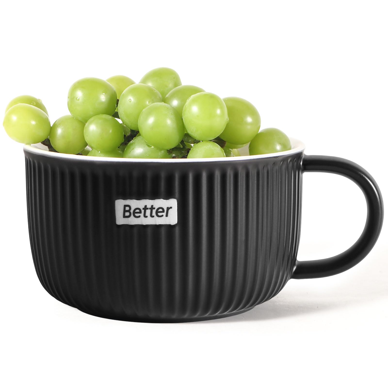 Artena 38 Ounce Soup Bowl with Handles, 6 inch Jumbo Soup Mug with Handles, Wide Large Cereal Bowl for Oatmeal, Gumbo, Salad, Oversized Black Glazed Ceramic Soup Cup, Microwave & Oven Safe
