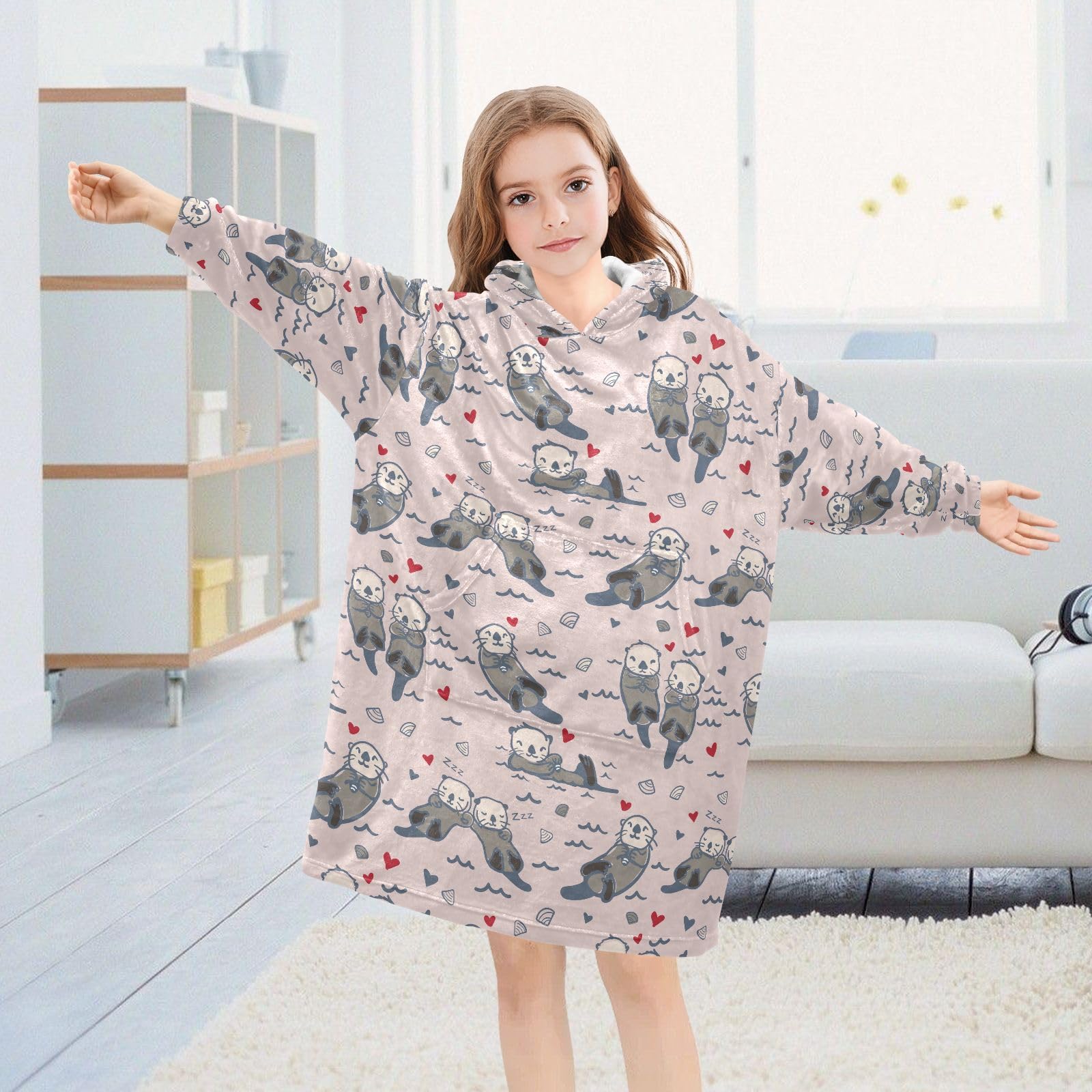 CEBUGI Cute Sea Otter Wearable Blanket for Kids Blanket Hoodie with Kangaroo Pocket for Boys Girls age 3-14,S