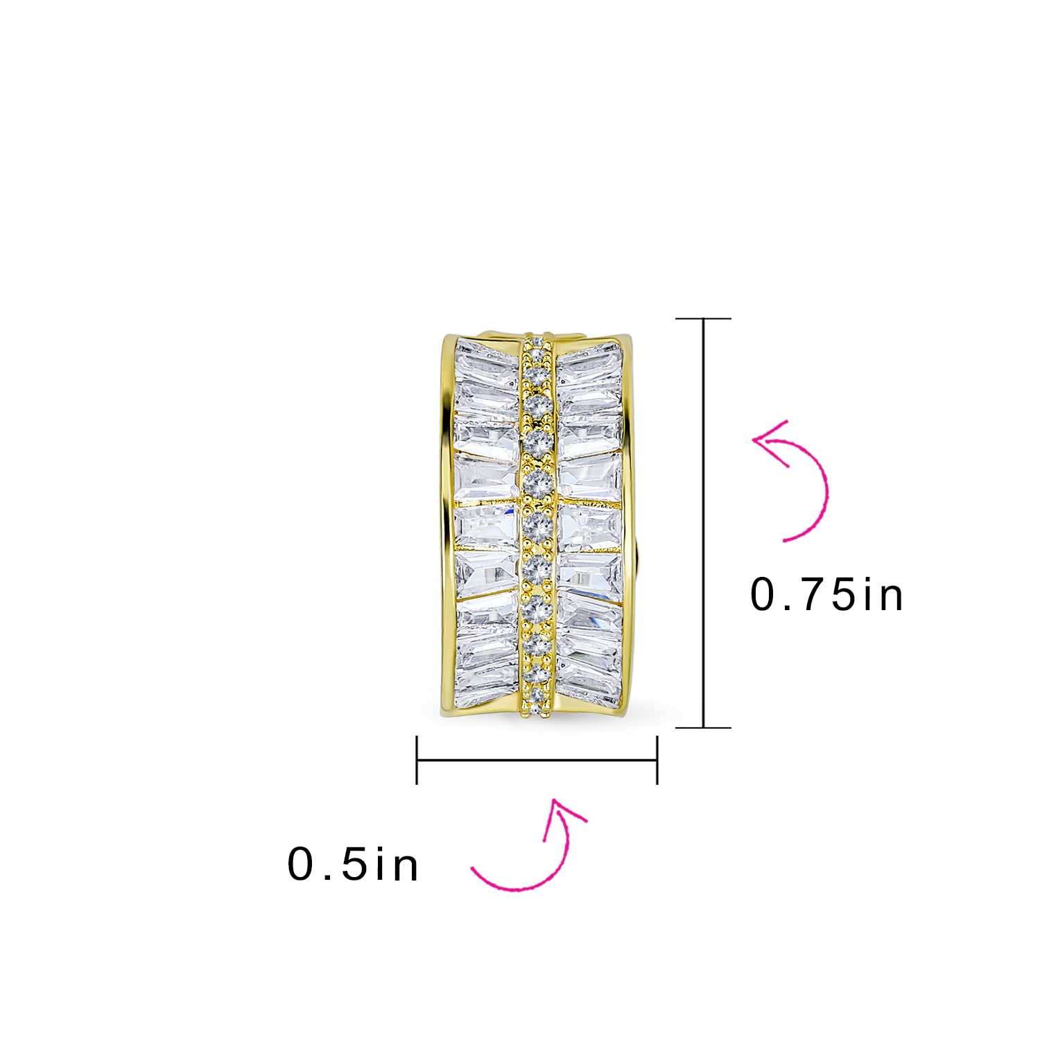 Art Deco Style Bridal Statement AAA CZ Half Hoop Baguette Earrings For Women Wedding Prom Holiday Formal Party Clip On Yellow Gold Plated