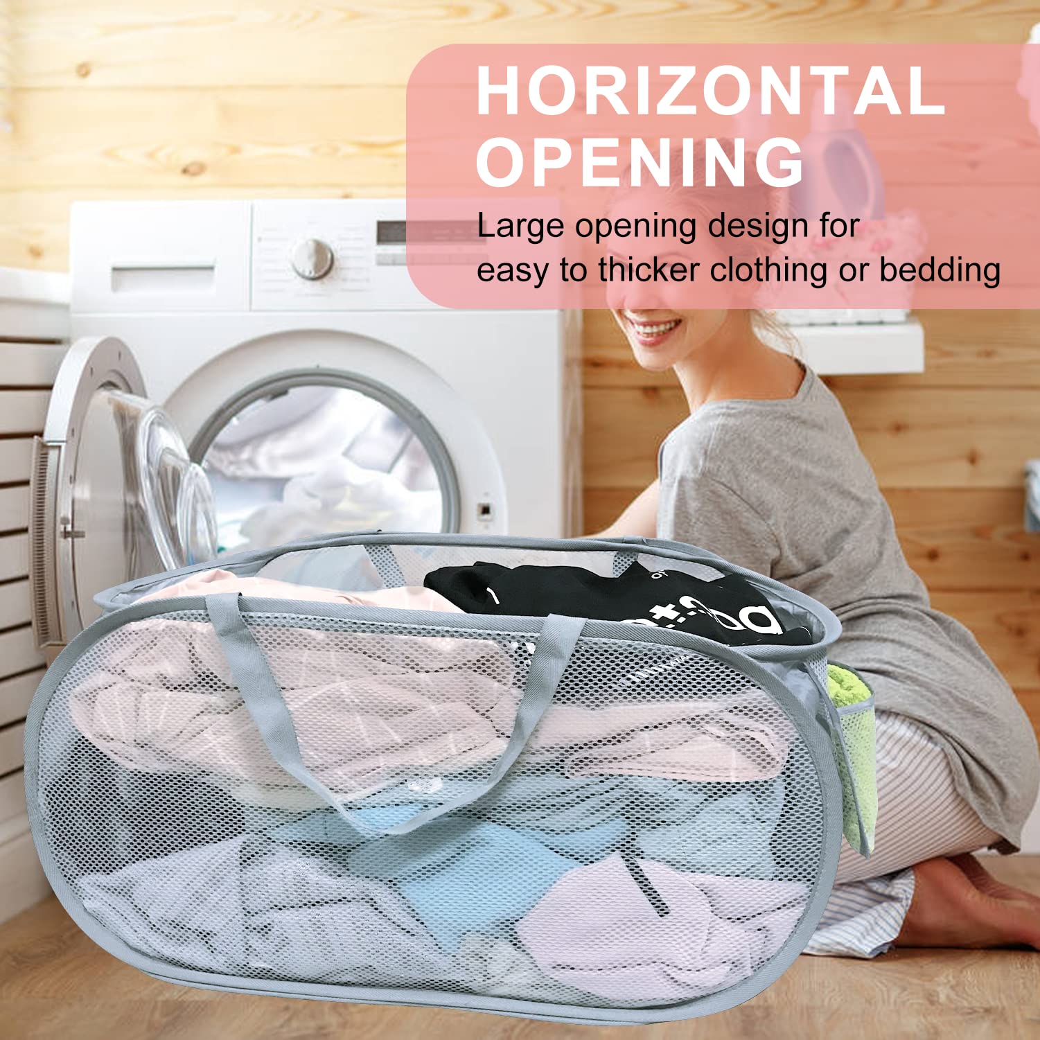 BYETIVE 2 PCS Mesh Laundry Hamper,Collapsible Laundry Baskets,75L Large Foldable Dirty Laundry Clothes Hamper Storage Basket Horizontal with Side Pocket&carry Handle for Home,Laundry,Travel grey