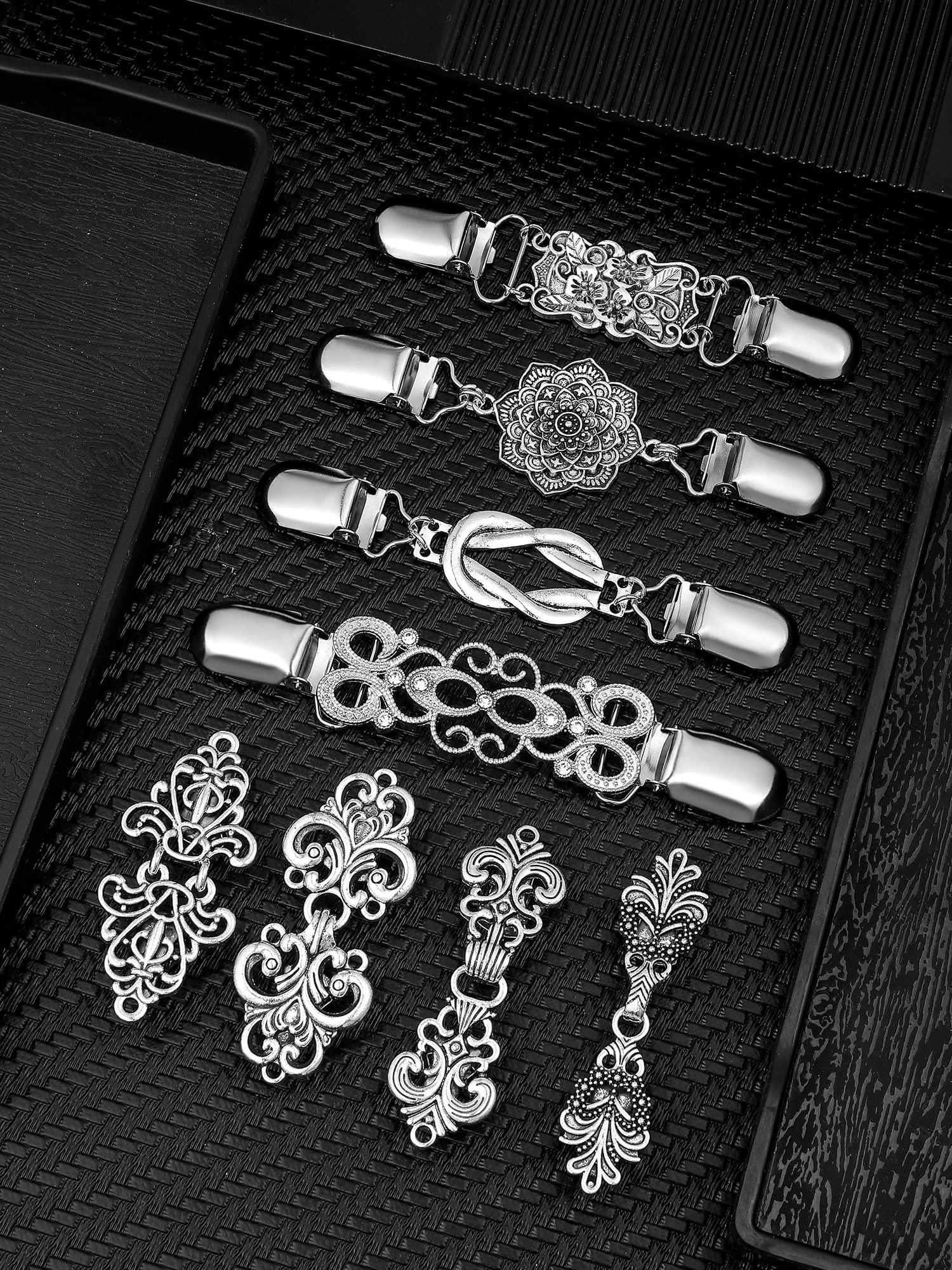 Juinte 8 Pcs Retro Sweater Clips Cinch Clips Shawl Clips Vintage Cardigan Collar Clips Dress Shirt Brooch Clips for Women(Silver)