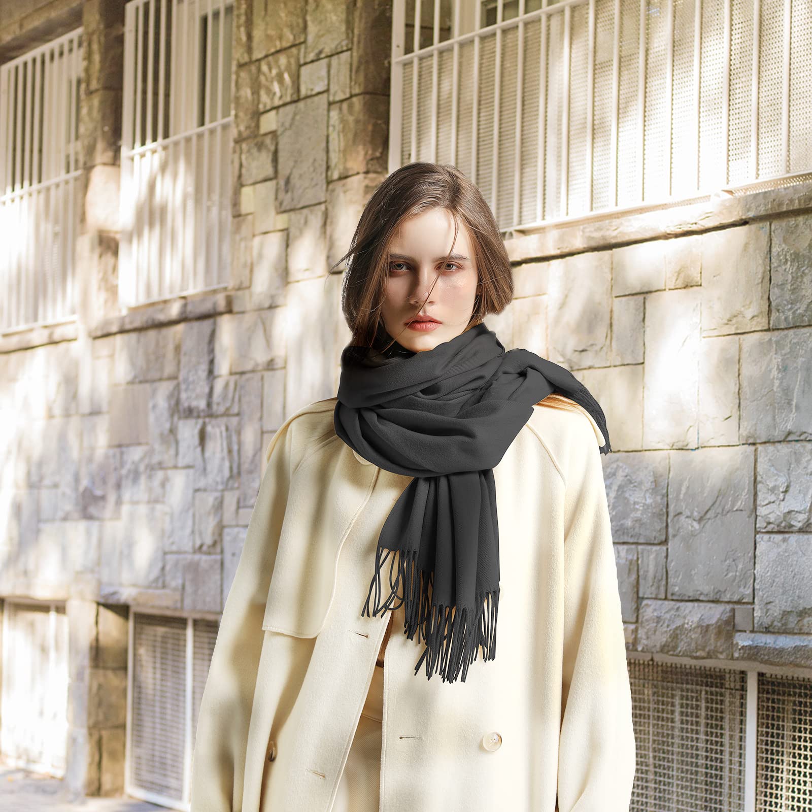 Anboor Super Soft Cashmere Blanket Scarf with Tassel Solid, Black, Size Large