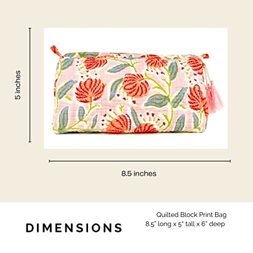 Block Print Designer Toiletry Bag & Makeup Case - Boho Floral Quilted Pouch for Cosmetics, Skincare - Waterproof Lined Organizer for Diaper Bag, Purse, Travel, Gift, Pencils (Pink Multi Floral)