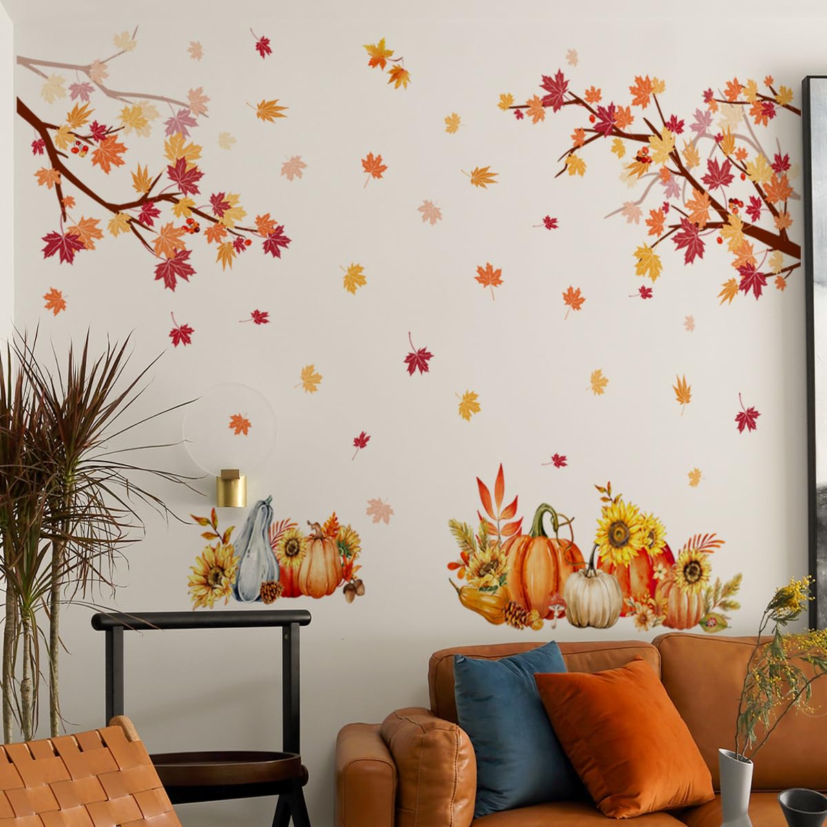 Autumn Fall Leaves Wall Decal Maple Tree Wall Decal DIY Branch Wall Stickers Removable Yellow Leaf Wall Decal for Autumn Holidays Home Classroom Birthday Thanksgiving Harvest Party Decoration