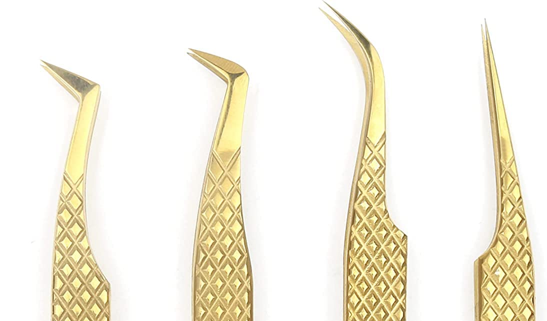 Aspire Beauty 4pc Precision Volume And Straight Eyelash Extension Tweezer Set With Diamond Grip- Made By Japanese Stainless Add To Your Lash Kit(gold)
