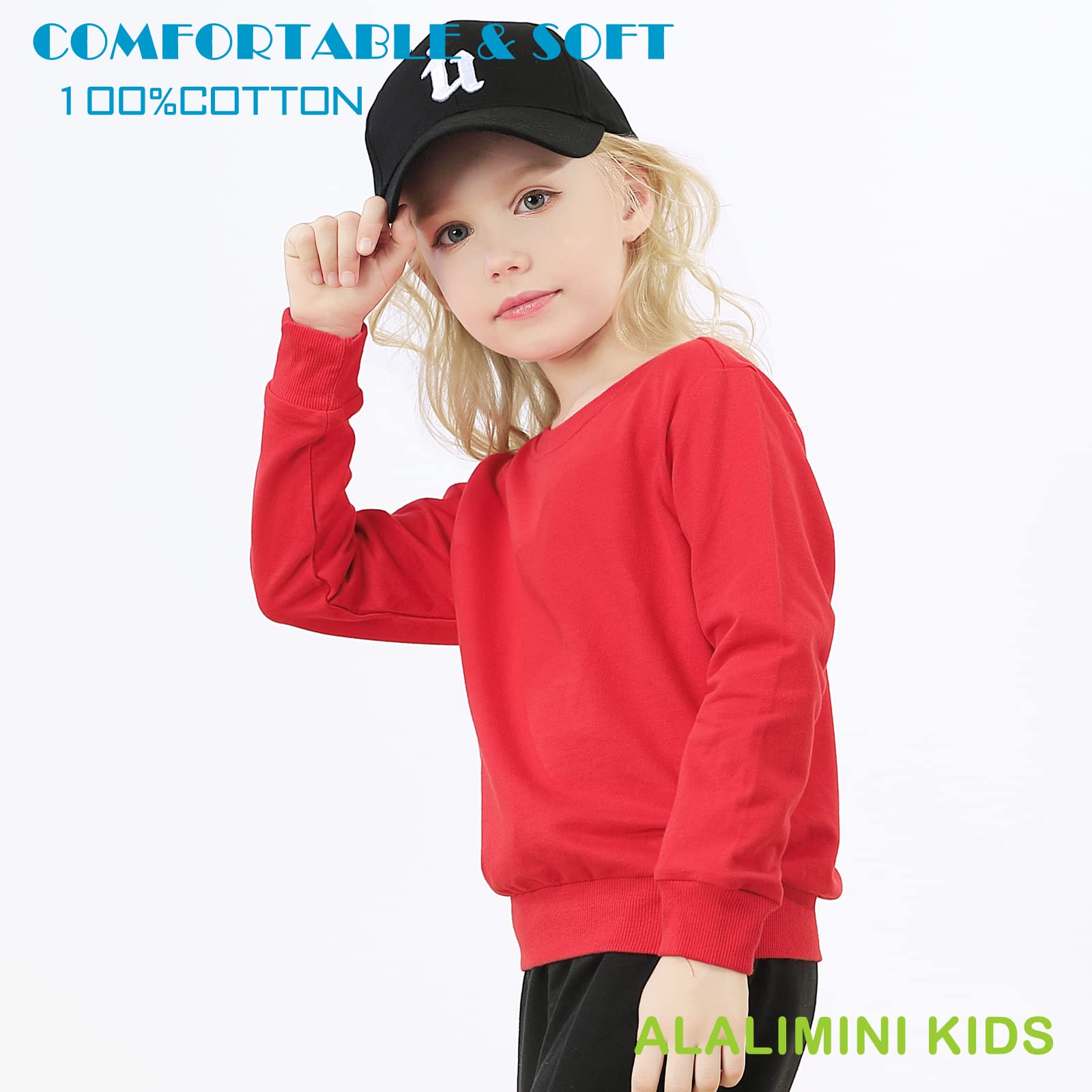 ALALIMINI Boys&Girls Crewneck Sweatshirts Toddler Kids Solid Cotton Long Sleeve Pullover Tshirts (Red, 5T)