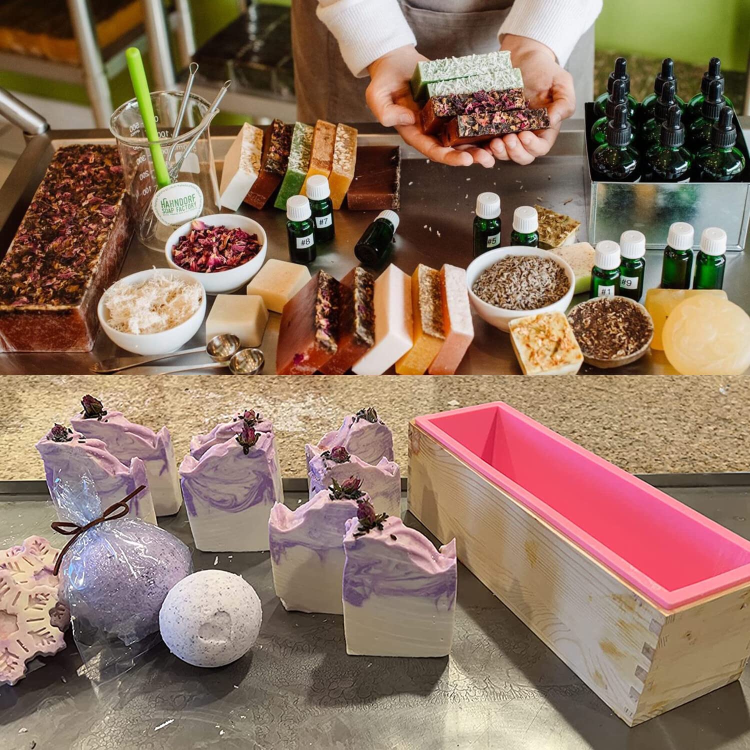 Artisanal Soap Making Tool Kits - 1 Set Wooden Soap Cutter with 2 Loaf Cutters, 1 Pcs 42 oz Rectangular Silicone Soap Mold with Wood Box, 1 Set Piping Bags and Tips