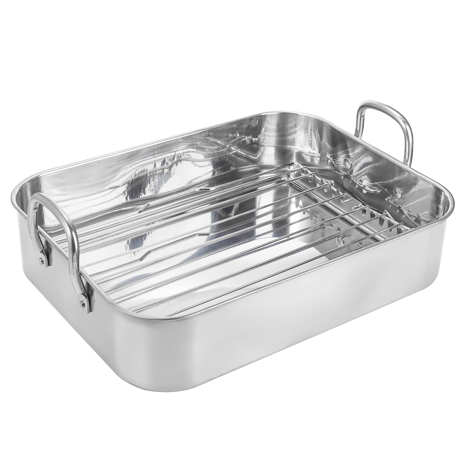 TOPZEA Stainless Steel Roasting Pan with Rack, 16 Inch Classic Rectangular Turkey Roaster Pan with 2 In 1 Grill Rack & Handle, Large Broiling Baking Pan Oven Cookware for Chicken, Steak, Meat, Lasagna