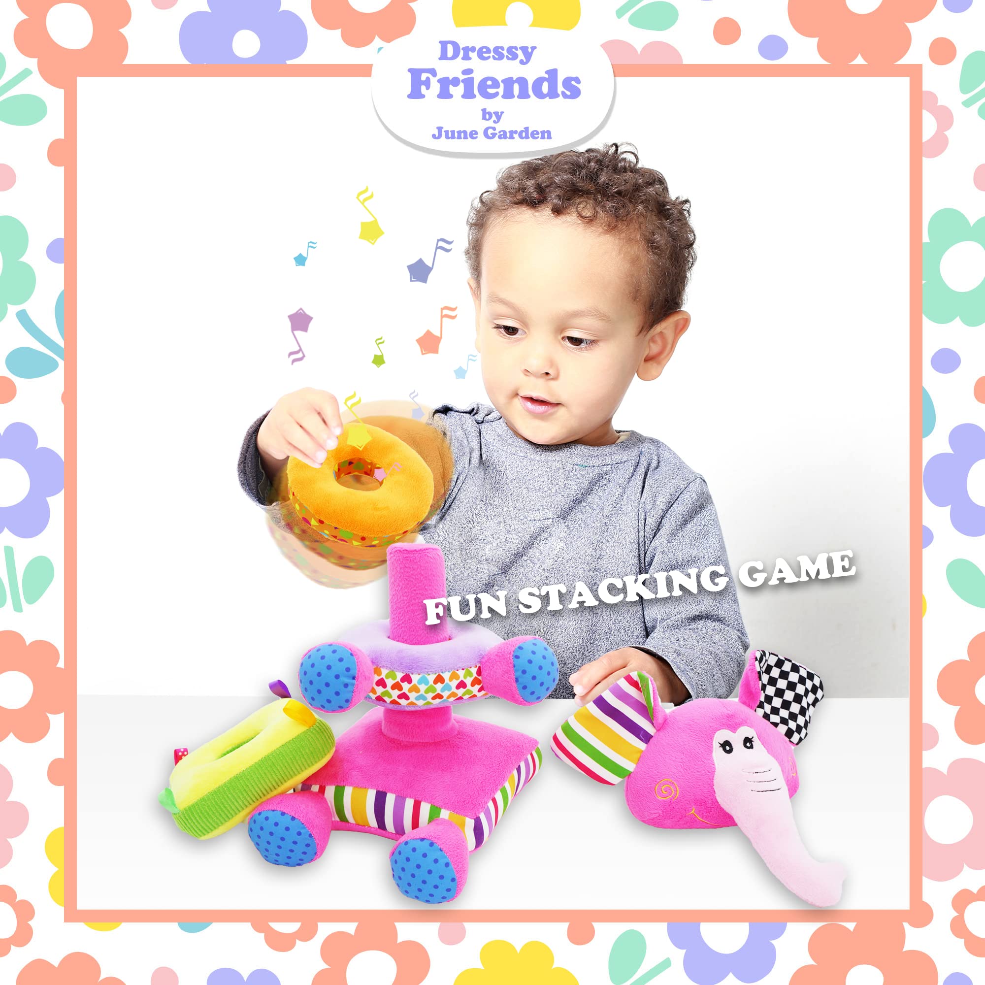 June Garden 11" Soft Stacking Rings Toy - Educational Stuffed Plush Elephant Sensory Development Rattles - Montessori Activity Sensory Learning Toy - 6 Months and Up