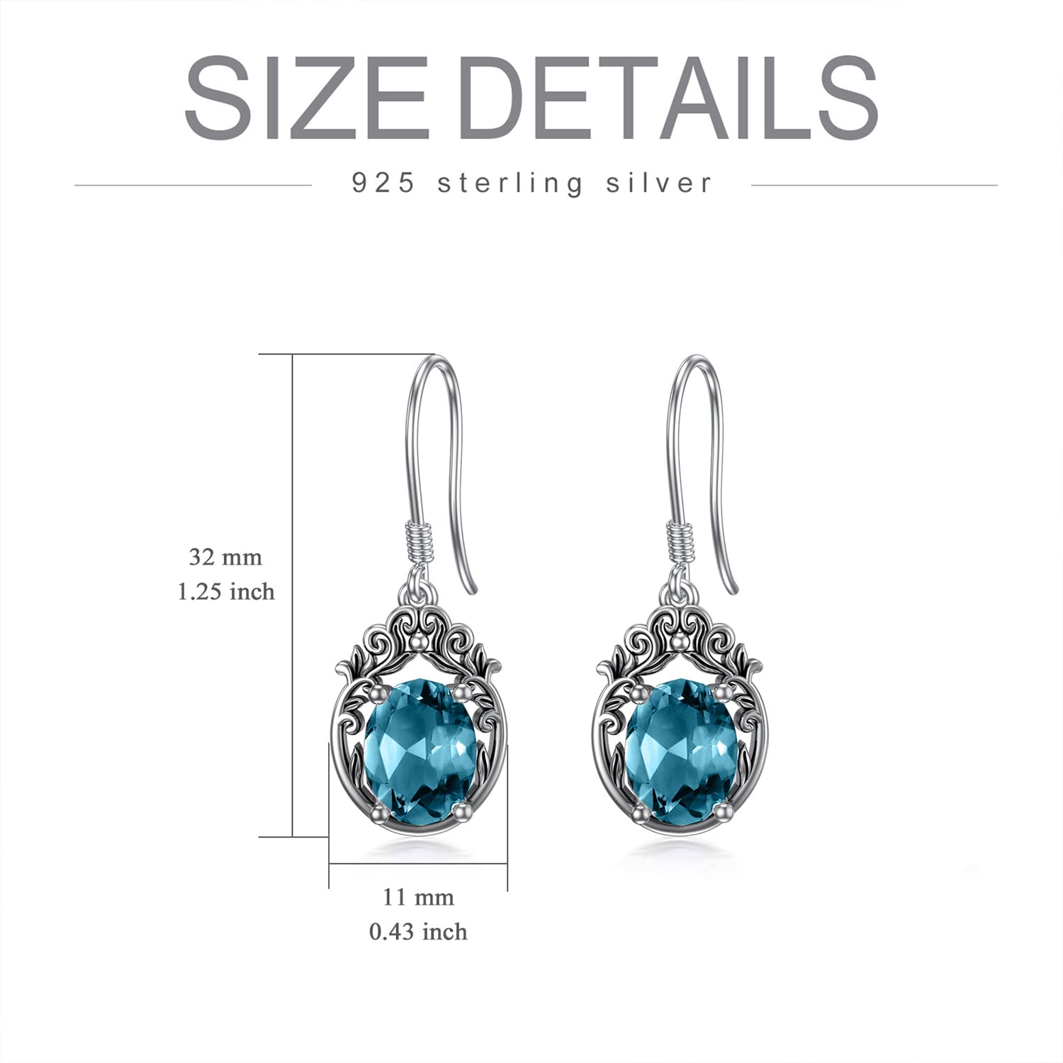 Althum Natural Topaz Earrings 925 Sterling Silver 7 x 9 MM Genuine London Blue Topaz Dangle Earrings for Women