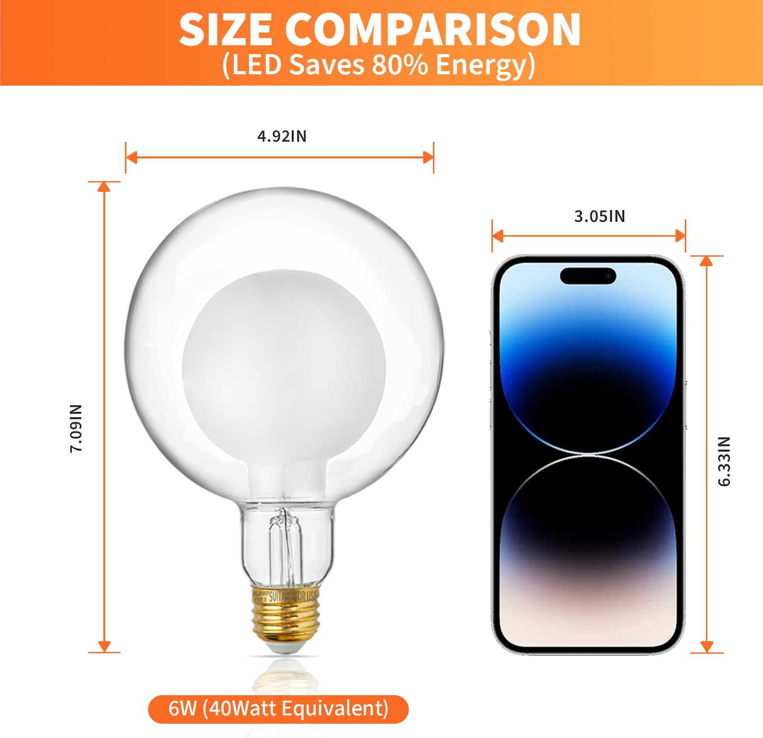ALAMPEVER Large Globe LED Light Bulbs, Decorative Dimmable LED with 6W Equivalent to 40W Light Bulbs, 2700K Soft White, E26 Base,400LM,CRI90,G125,Frosted