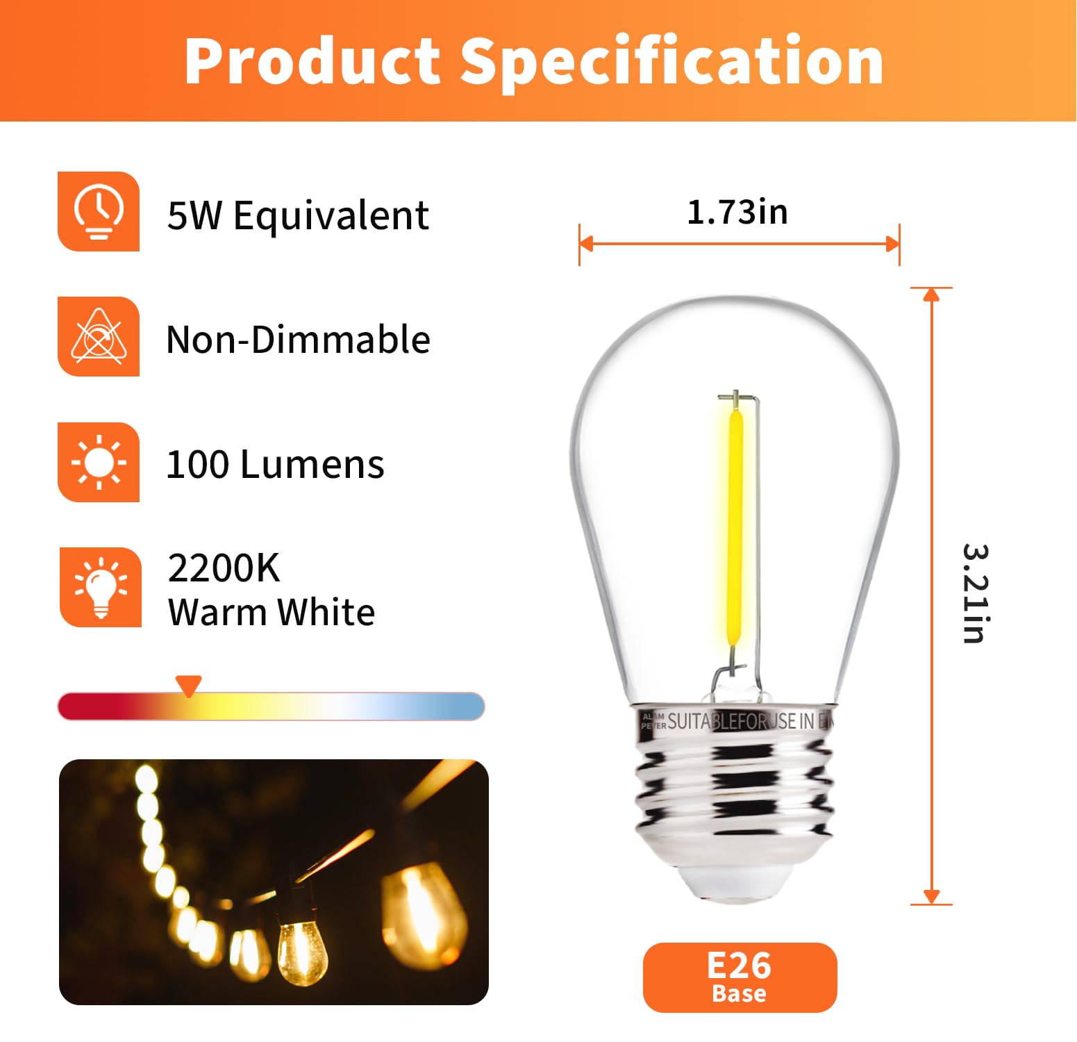 ALAMPEVER LED String Light Bulbs,E26 Bulb for Outdoor String Lights Bulb,24 Pack Waterproof S14 Replacement LED Bulbs,5W,2200K Warm White,Non-Dimmable