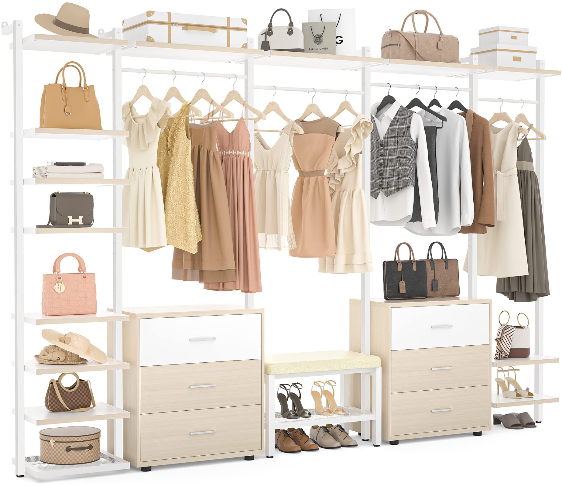Aheaplus Clothing Rack Heavy Duty Closet Organizer for Hanging Clothes, Large Wall Mounted Garment Rack Clothes Rack with 6-Drawers for Wardrobe, Bedroom and as Walk-in Closet System, Natural+White