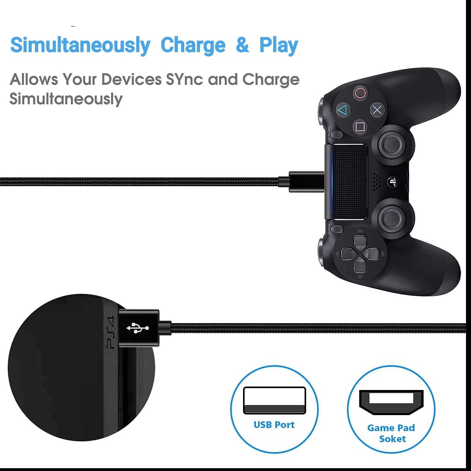 AOSOK PS4 Controller Charger Cable 10FT, 2Pack Braided PS4 Charger - Extra Long Micro USB Fast Charging Cord for Playstation 4, PS4 Slim/Pro, Xbox One S/X Controller, Android Phones