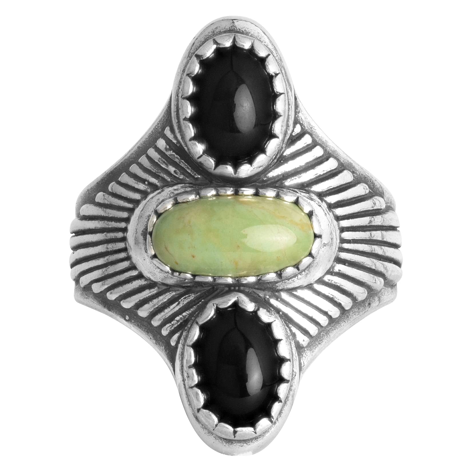 American West Sterling Silver Women's Ring Olive Green Turquoise & Black Agate Gemstone Size 9