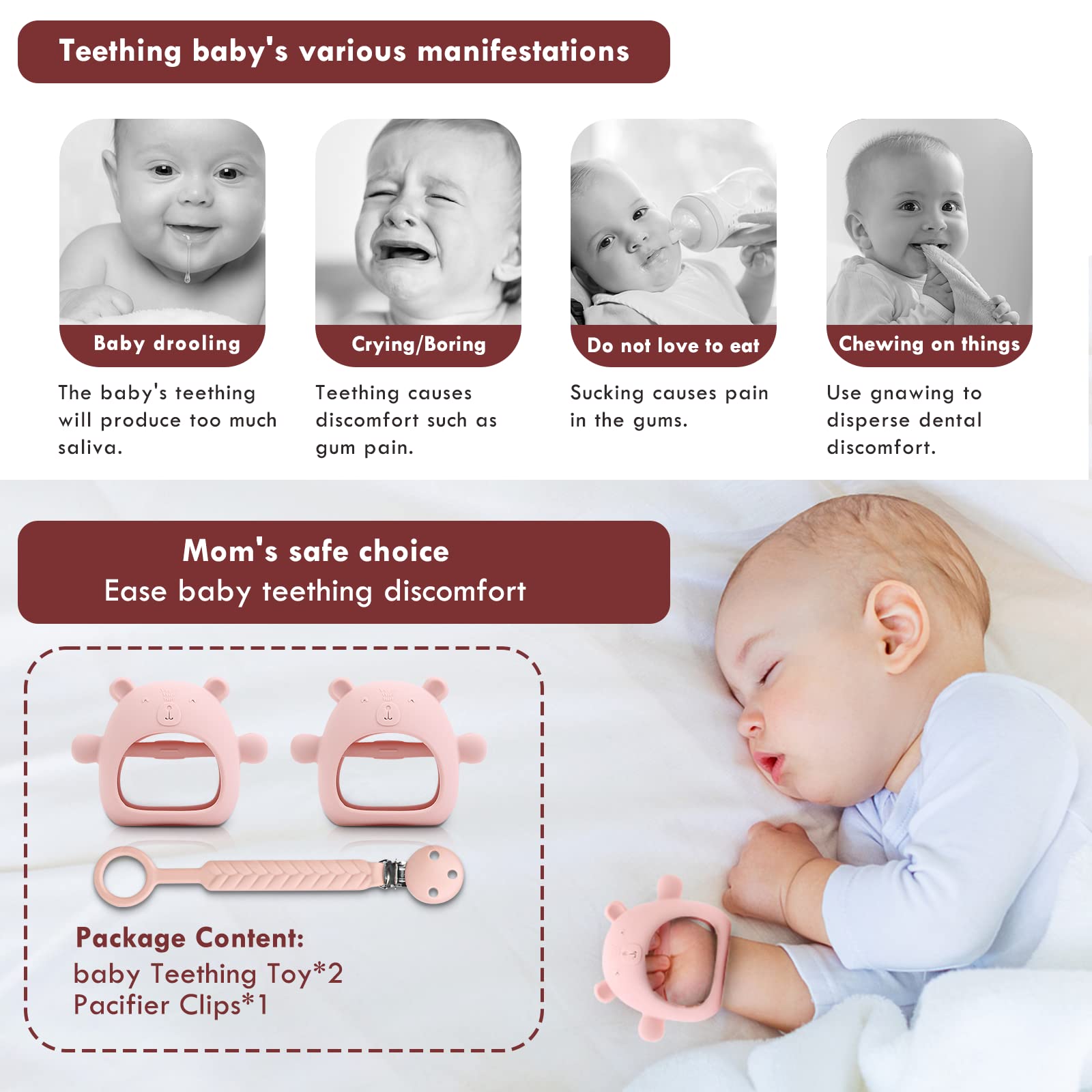 Baby Teether for 0-6 Months 2 Pack Never Drop Baby Teething Toys for 6-12 Months+1 Pack Pacifier Clip,Silicone Baby Chew Toys for Infant Sucking Needs,Baby Toys 3-6 Month Baby Mitten Teether(Pink)