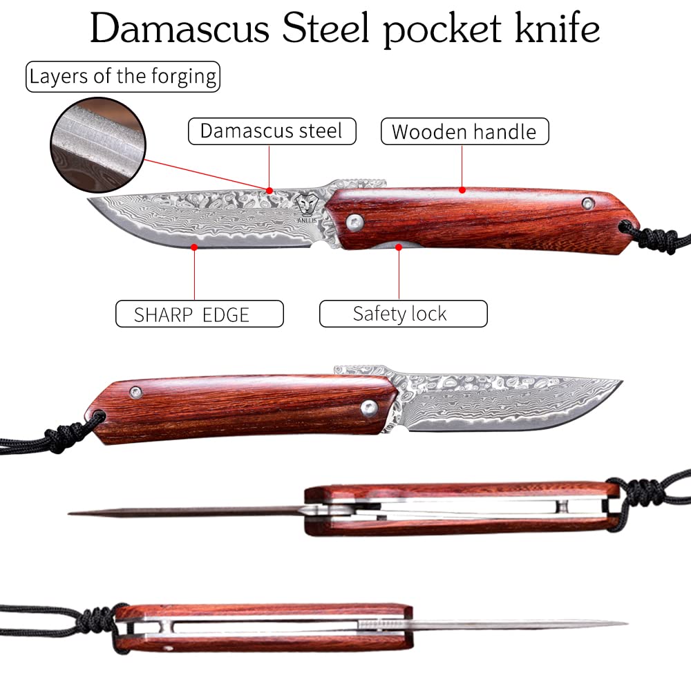 ANLLIS,V29 -aDamascus Steel pocket knife, Hand forged Damascus folding knife, wooden handle outdoor camping and mountaineering multipurpose folding knife, safe lock with scabbard gift knife (RED)