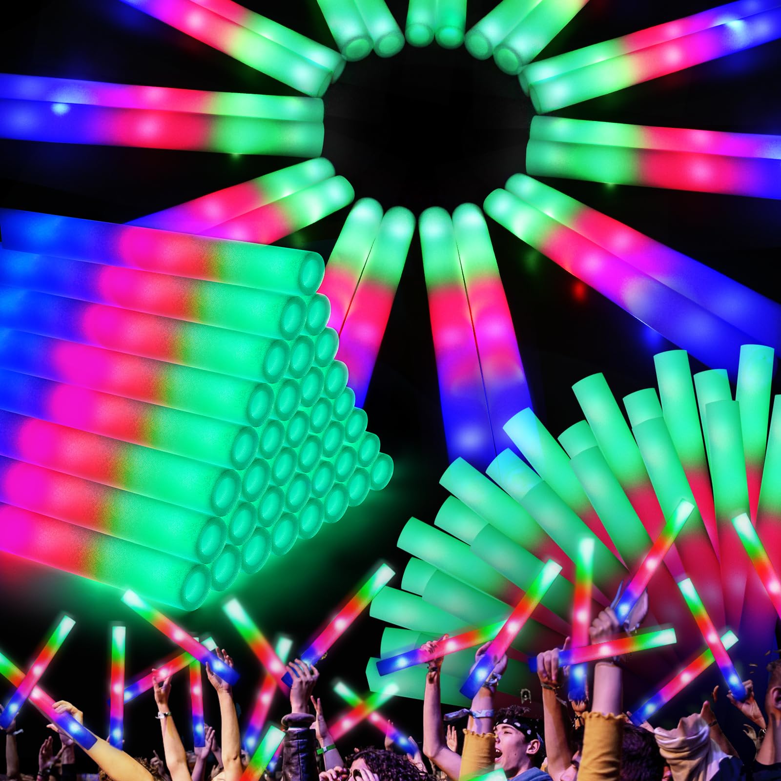 OLUPP 48 Pcs Foam Glow Sticks, Glow Sticks Bulk with 3 Modes Colorful Flashing, Light Up Baton Wands for Kids, Glow Stick Party Pack for Wedding, Raves, Concert, Camping, New Year Carnival