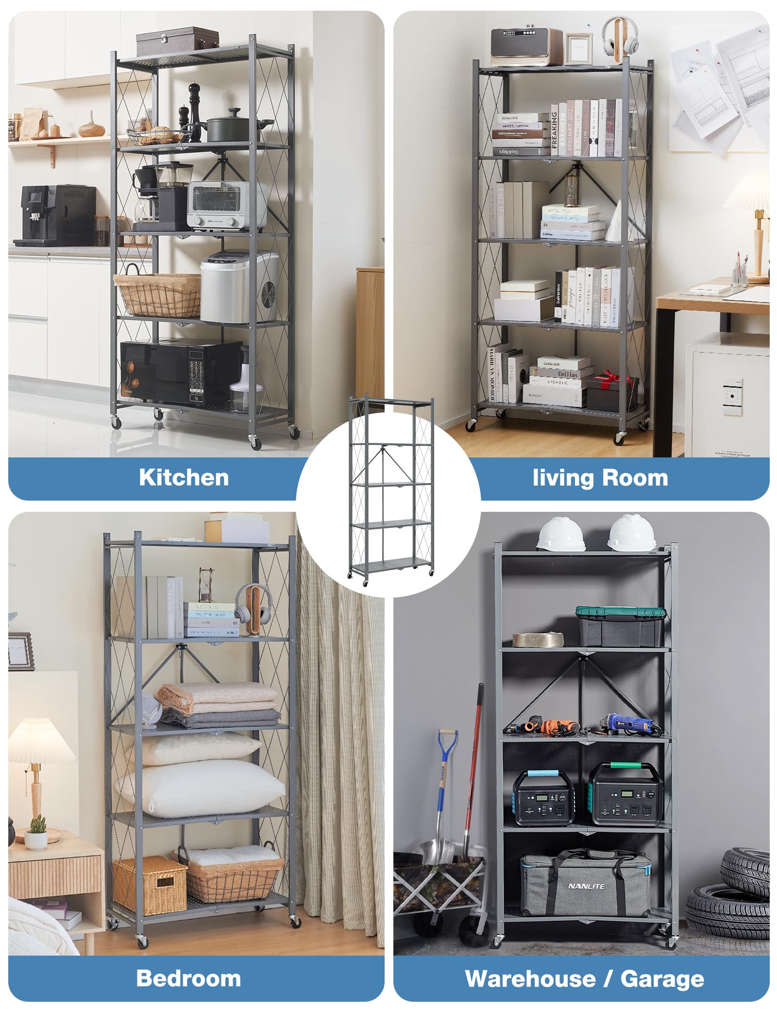 ALANNG 70.7" H Metal Storage Shelves, 5 Tier Folding Storage Shelves on Wheels, Heavy Duty Collapsible Shelving Unit, No Assembly Storage Rack for Kitchen, Basement, Pantry (Grey,1 Pack)