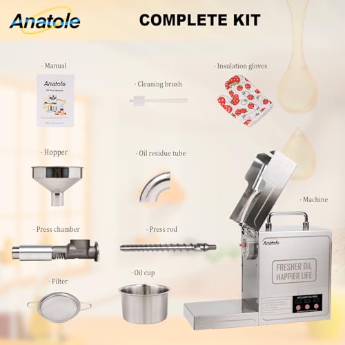 Anatole Oil Press Machine Electric Seed Oil Maker Stainless Steel 820W Automatic Kitchen Oil Extractor for Commercial Home Use 110V US Plug