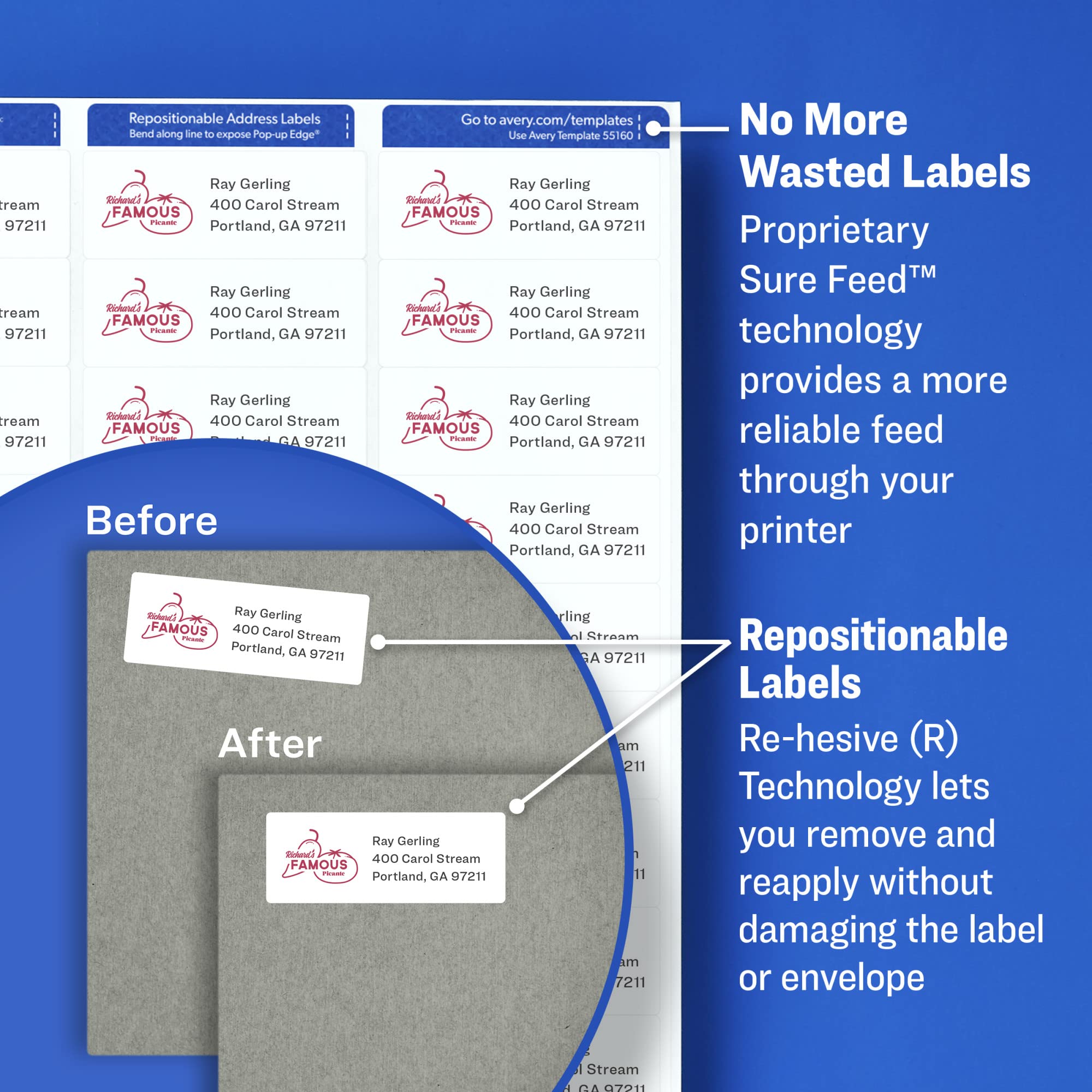 Avery Repositionable Printable Shipping Labels with Sure Feed, 3-1/3" x 4", White, 600 Blank Mailing Labels (58164)