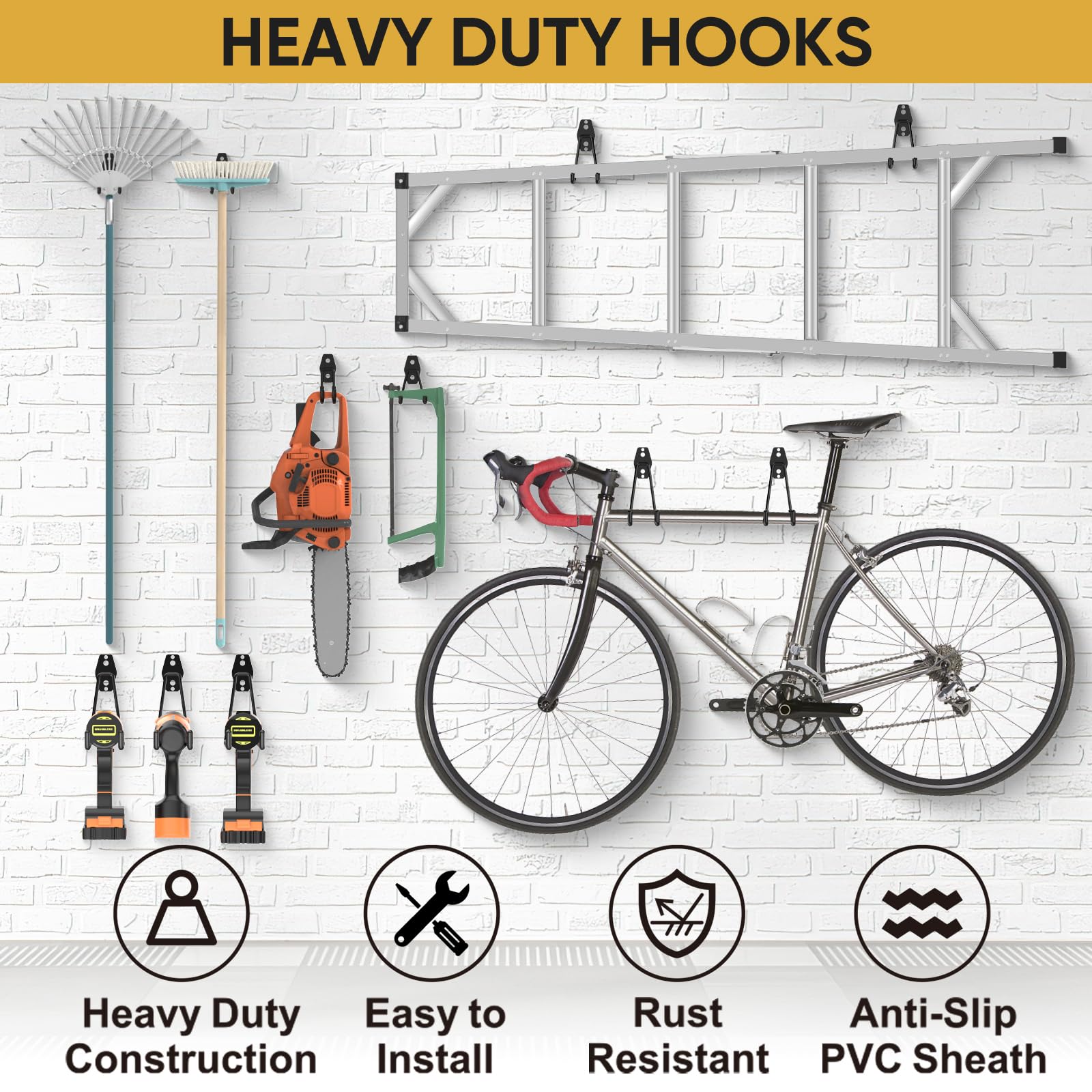 TICONN 12 Pack Heavy Duty Garage Hooks, Steel Utility Wall Storage Hooks, Wall Mount Hanger Organizer for Ladders, Bikes, Tools, Bulky Items (Black)