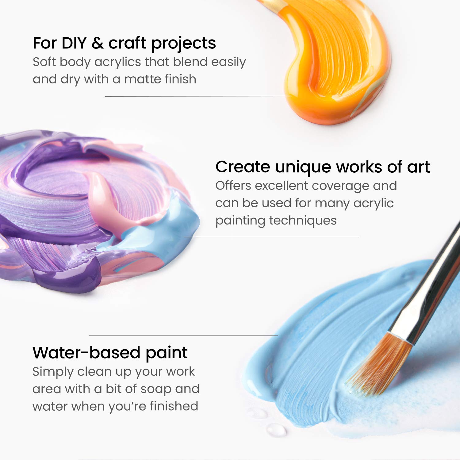 ARTEZA Craft Acrylic Paint, 2 ounce Bottles, Water-Based, Matte Finish Paints, Art Supplies for Glass, Wood, Ceramics, Fabrics, Leather, Paper