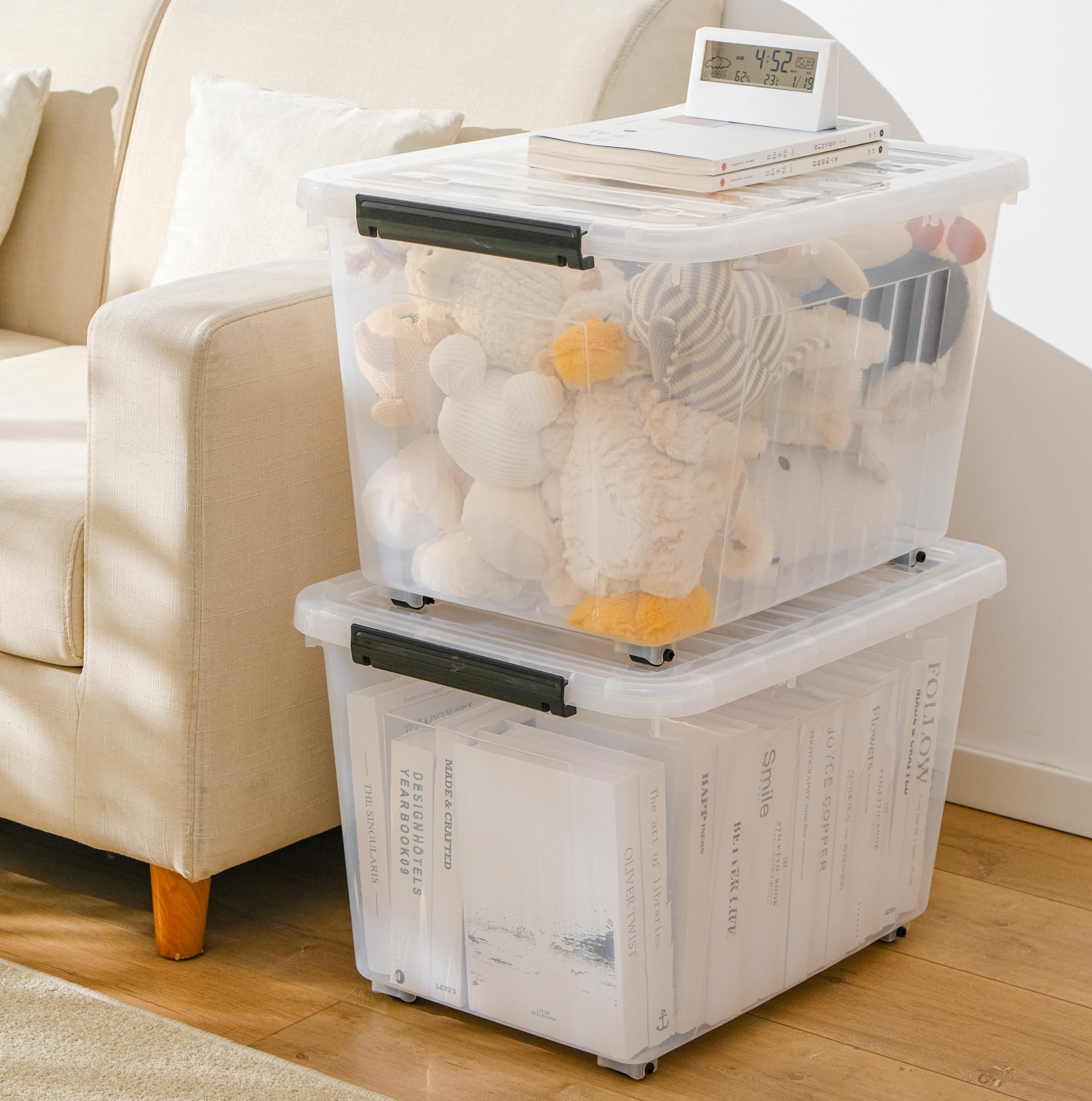 Cetomo Plastic Storage Bin Box Stackable and Nestable with Lid and Secure Latching Buckles, Clear, 60Qt x 6, Pack of 6