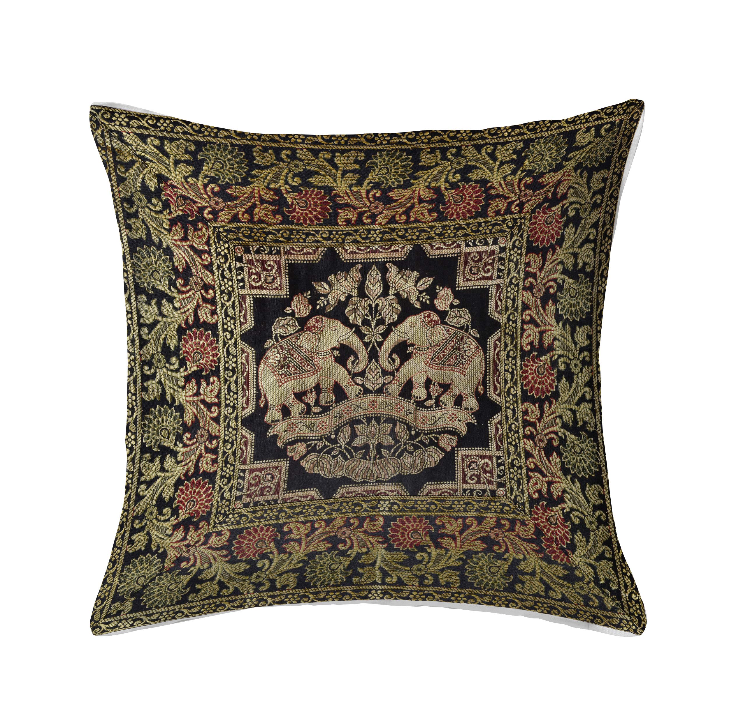 ANJANIYA Set of 4 17x17 inch (43x43 cm) Elephant Banarsi Silk Indian Ethnic Bohemian Decorative Cushion Cover Handcrafted Patchwork Sari Throw Pillow Boho Decor Cushion Covers (Double Elephant)