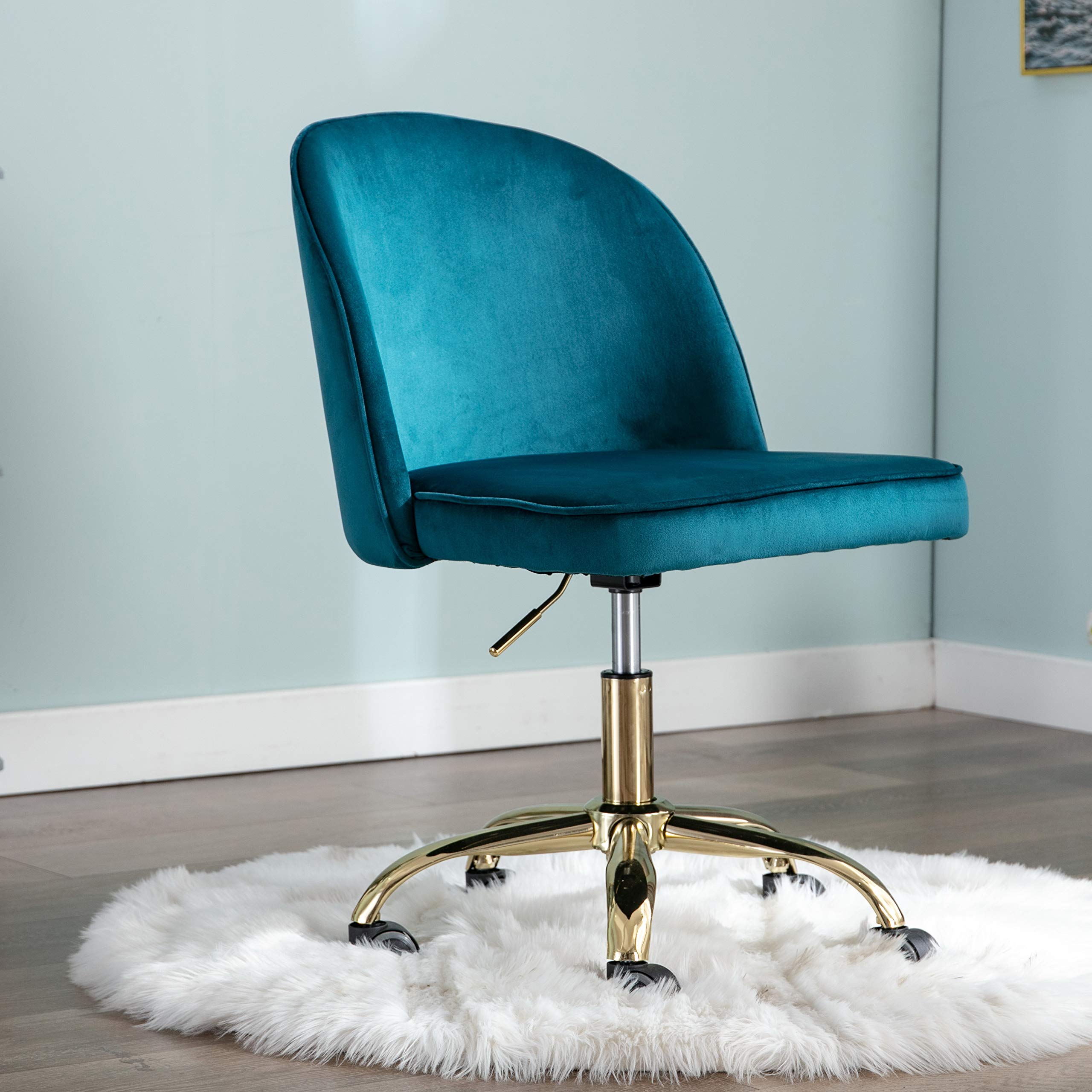 Armless Home Office Chair Upholstered Velvet Swivel Task Chair Adjustable Vanity Chair with Wheels Modern Desk Chair for Study (Dark Teal)