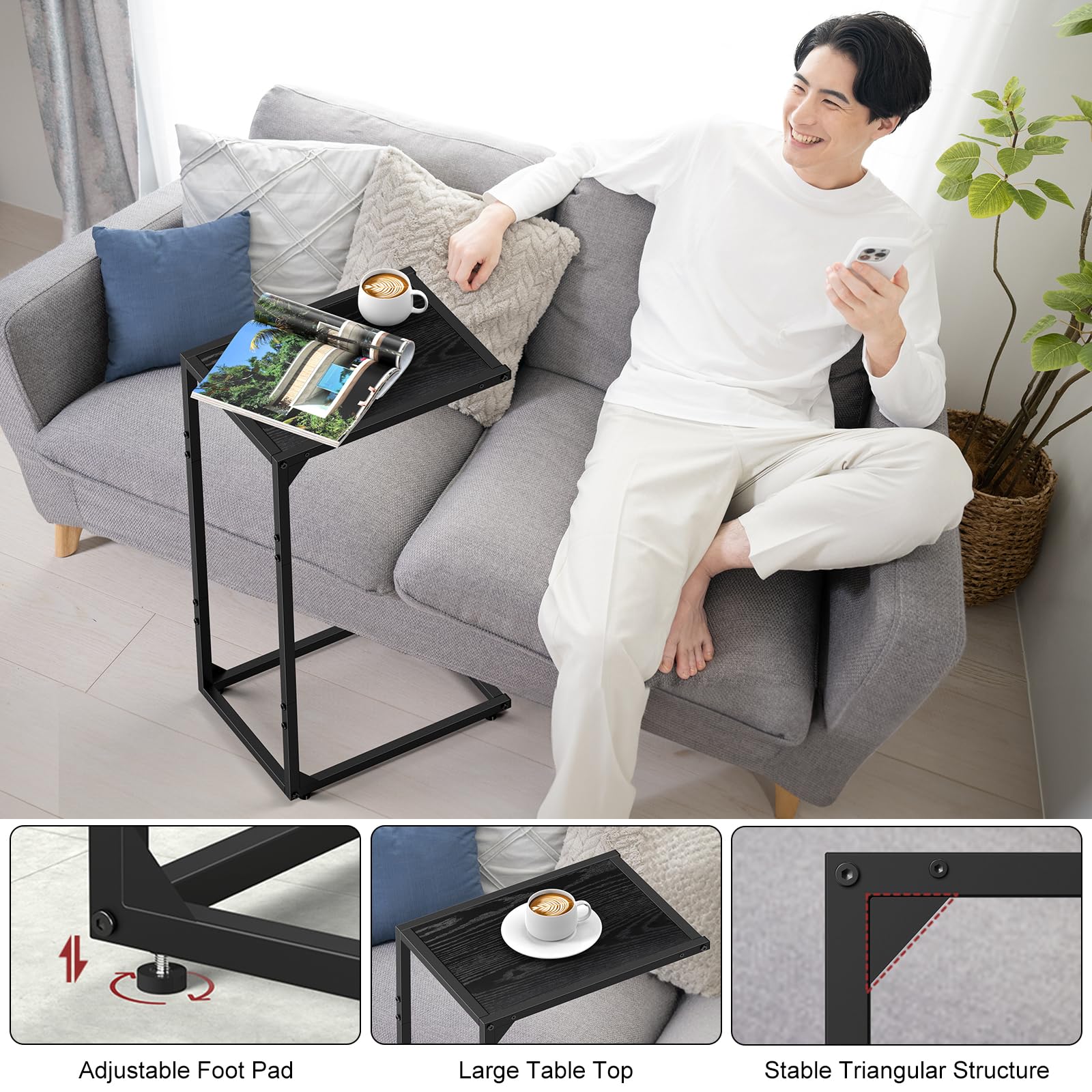C Shaped End Table Set of 2, Snack Side Table, C Tables for Couch, Couch Tables That Slide Under, Small TV Tray Tablefor Living Room, Bedroom,Dark Grey