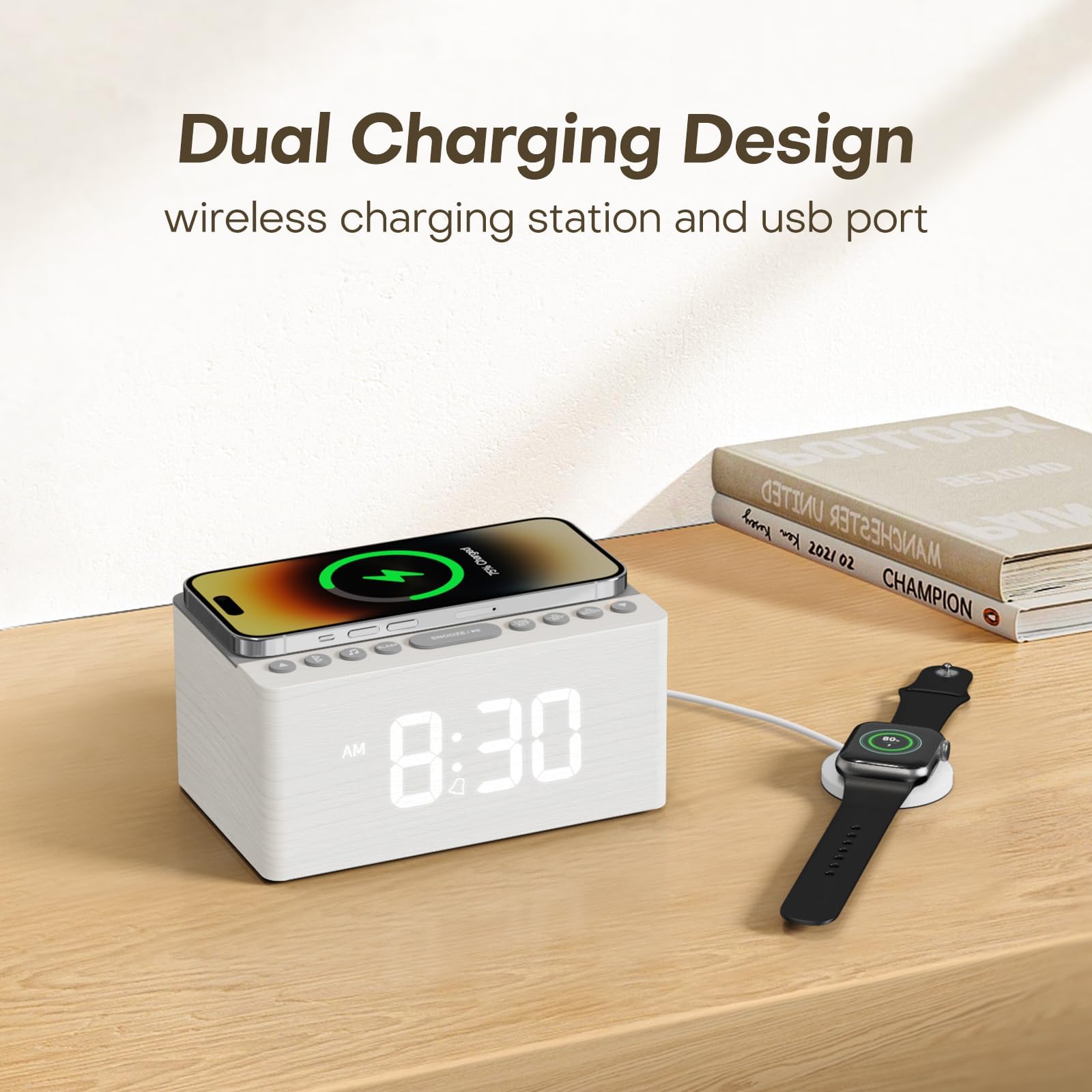 ANJANK Wooden Sound Machine Alarm Clock for Bedroom, Bluetooth Speaker, Wireless Charging Station for iPhone/Samsung, Sleep Timer, 0-100% Dimmer, White Noise Machine for Sleeping Adults with 20 Sounds