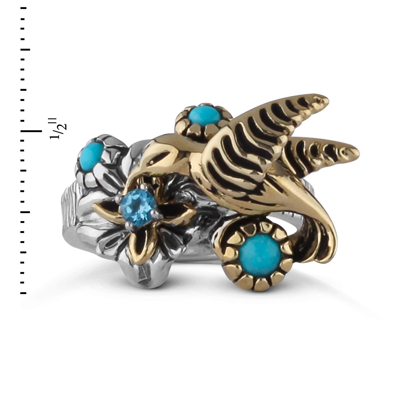 American West Sterling Silver & Mixed Metal Fritz Casuse Turquoise Blue Topaz Hummingbird Ring - Size 6