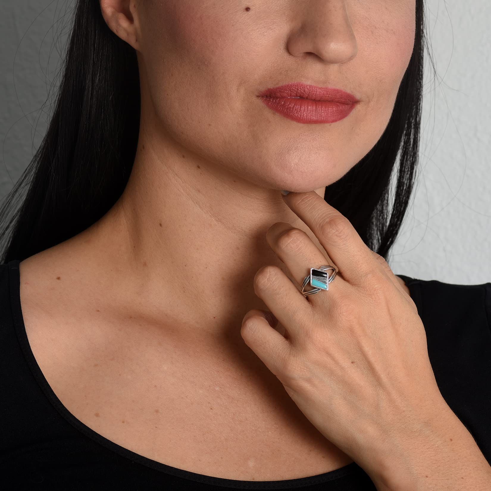American West Sterling Silver Women's Ring Black Agate & Blue Turquoise Gemstone Size 6