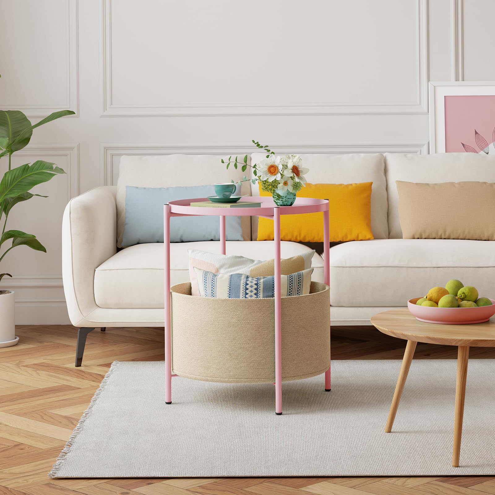 Fixwal Round Side Table, Bedside Table, Pink Nightstand, Metal Side Table with Fabric Storage Basket, Small End Table with Removable Tray, Dresser for Kids Bedroom, Nursery, Laundry