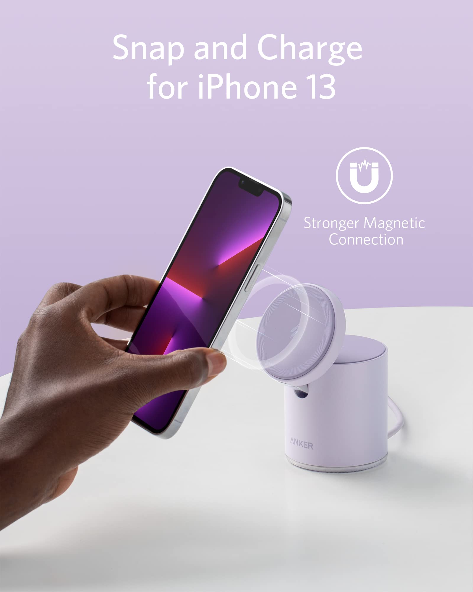 Anker Magnetic 623 MagGo 2-in-1 Wireless Charging Station with 20W USB-C Charger, for iPhone 14/14 Pro/14 Pro Max/13/13 Pro Max, AirPods Pro (Lilac Purple)