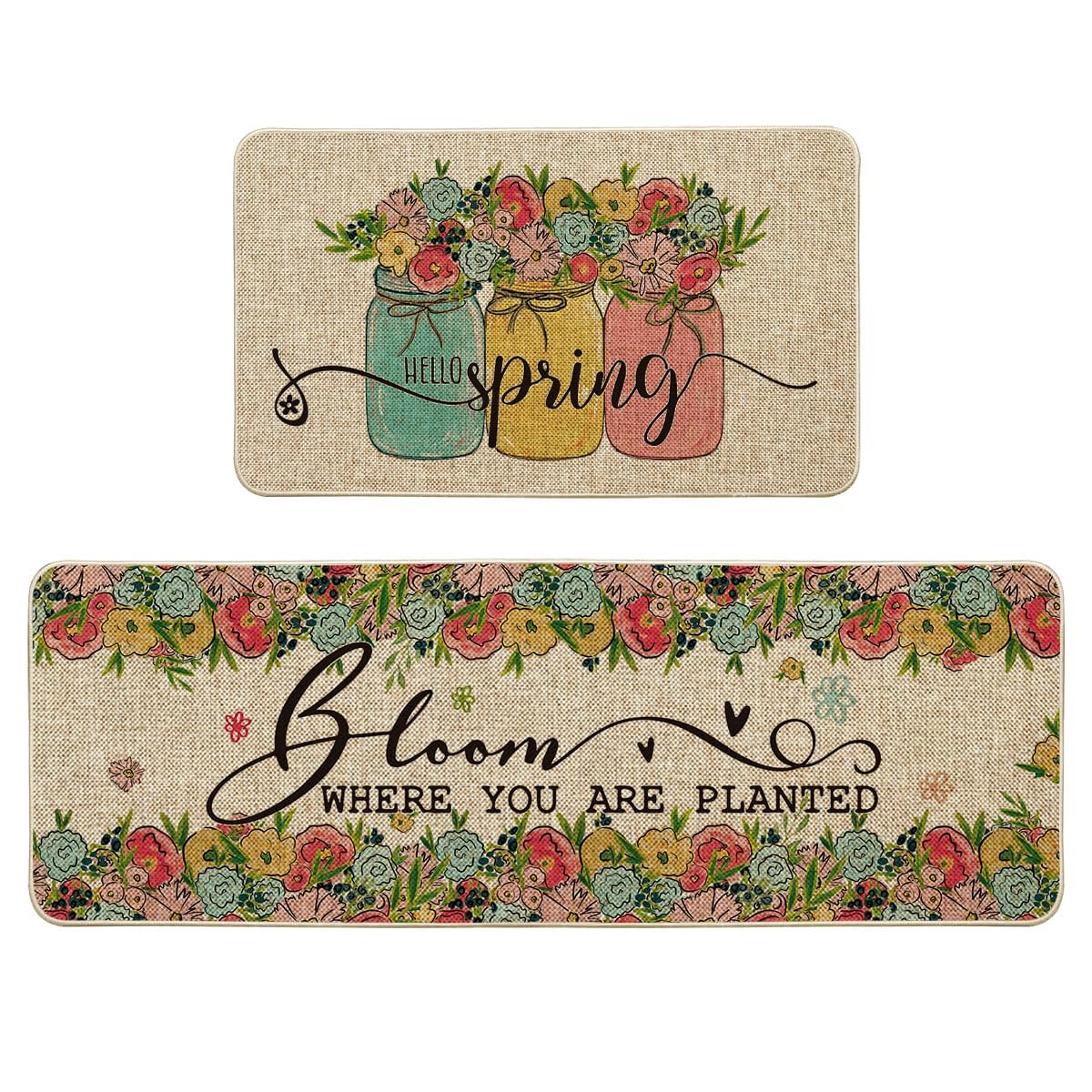 Artoid Mode Vases Flowers Hello Spring Kitchen Mats Set of 2, Home Decor Low-Profile Kitchen Rugs for Floor - 17x29 and 17x47 Inch