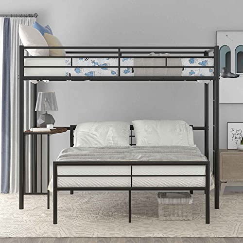 ATY Metal Bunk Beds Twin Over Full Size, L Shaped Steel Bedframe w/Desk & Built-in Ladder and Full-Length Guardrail, No Box Spring Needed, Black