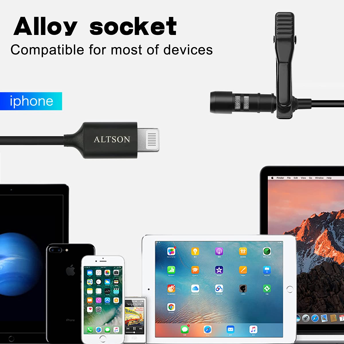 ALTSON Professional Lavalier Microphone for iPhone/Video Conference/Podcast/Voice Dictation/YouTube Grade Omnidirectional Phone Audio Video Recording Condenser Microphone (Black 4.94ft)