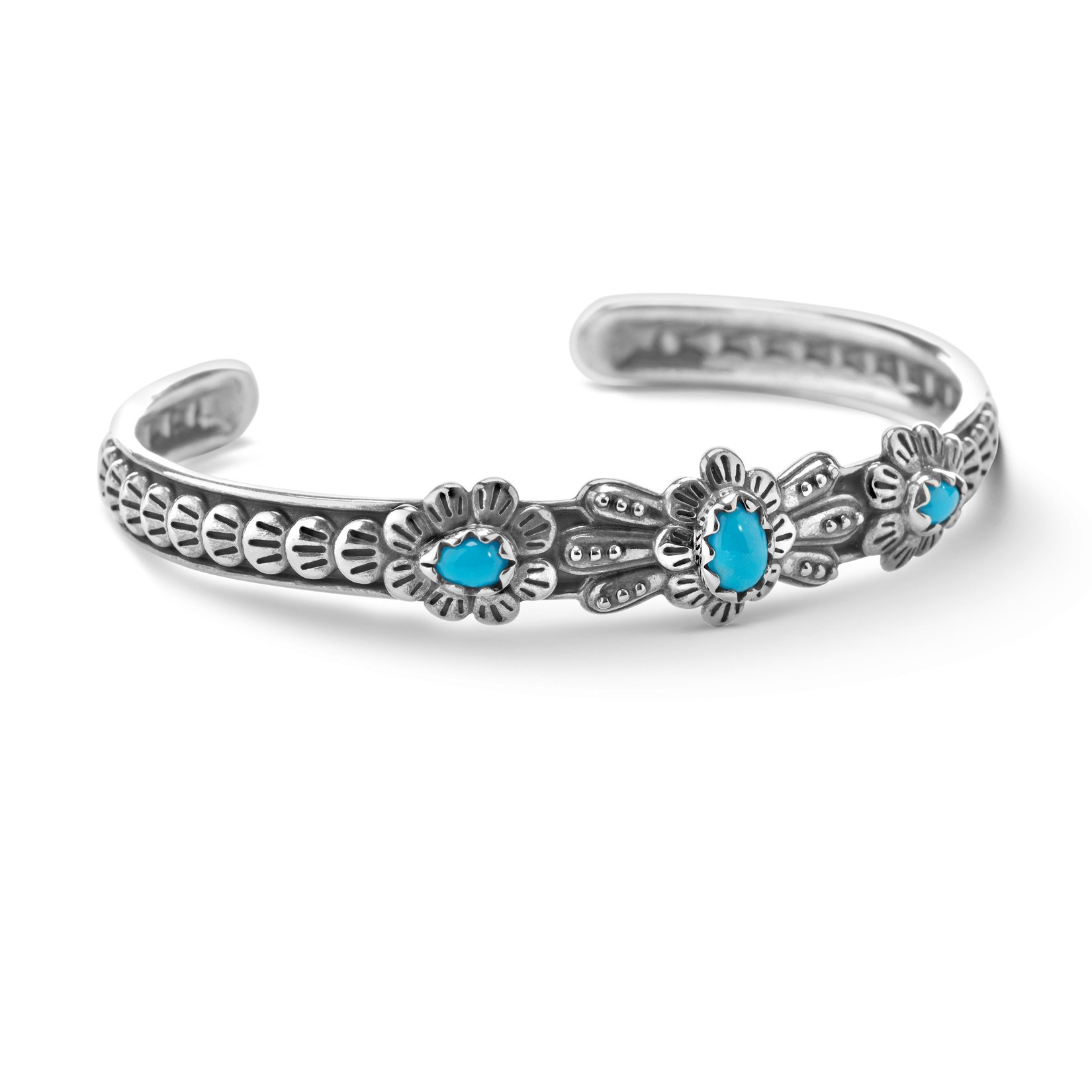 American West Sterling Silver Women's Cuff Bracelet Sleeping Beauty Turquoise Gemstone Flower Concha Design Size Small